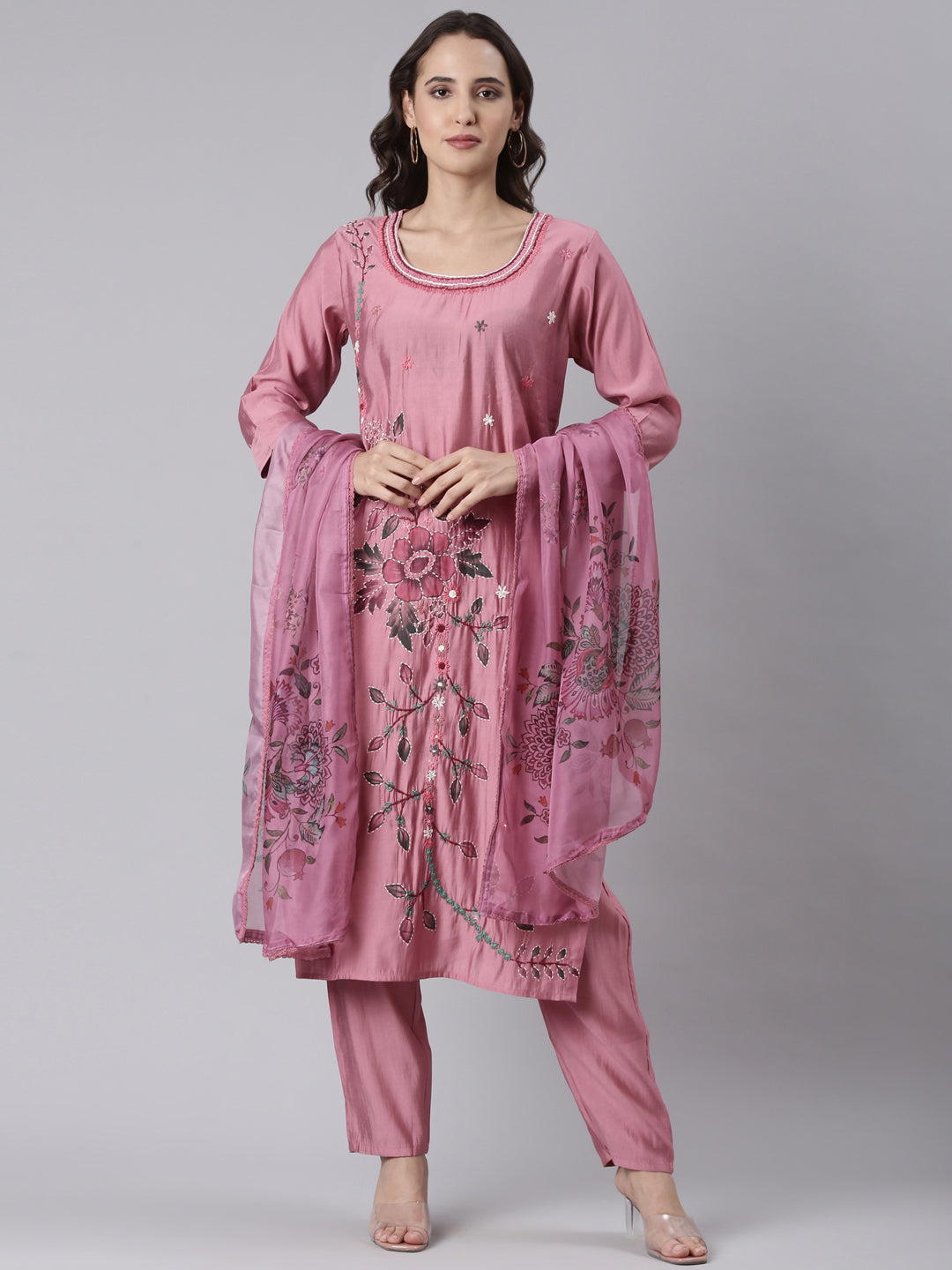 Onion Pink Silk Print With Embroidery Three Piece Set – Neerus India