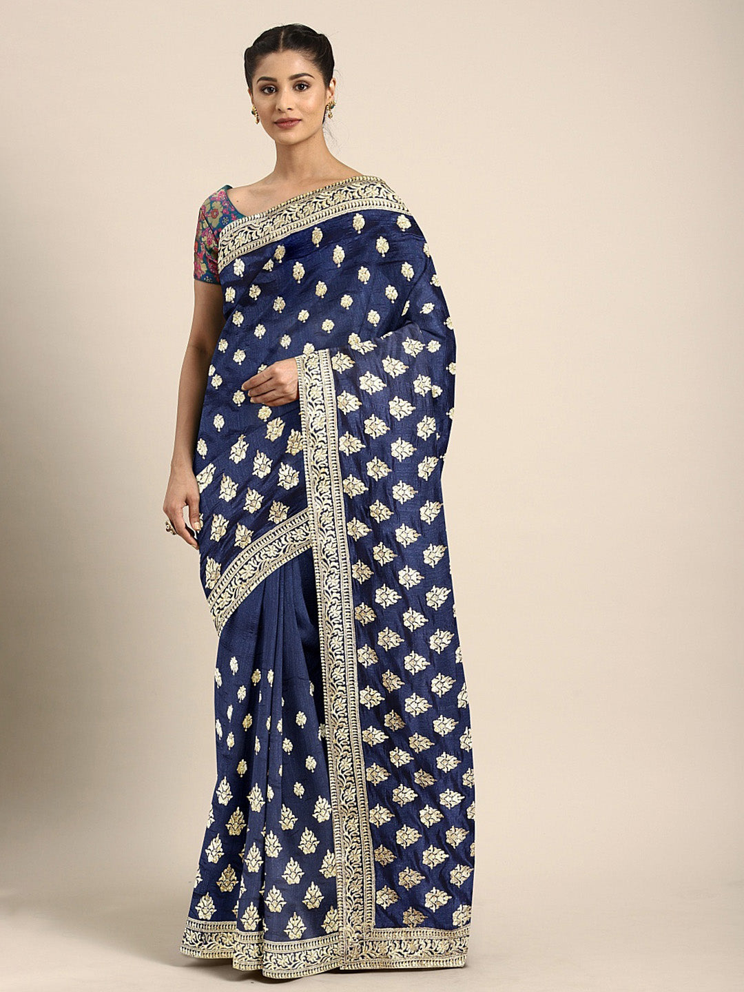 Neerus Navy Blue Color Art Silk Fabric Saree, With Blouse Piece – Neerus India