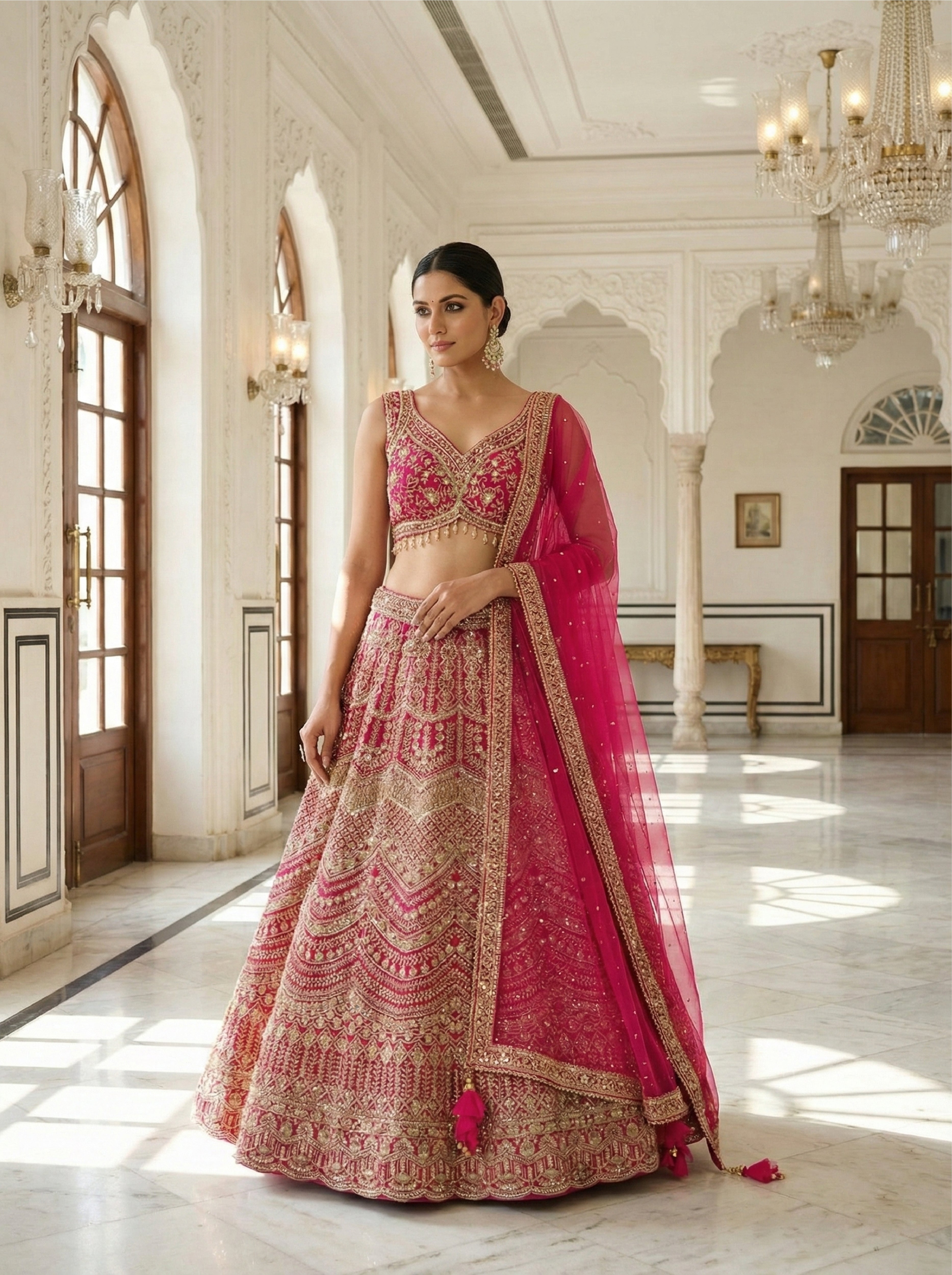 Neerus Pink Ethnic Embroidered Net Flared Lehenga - Choli + Lehenga ...