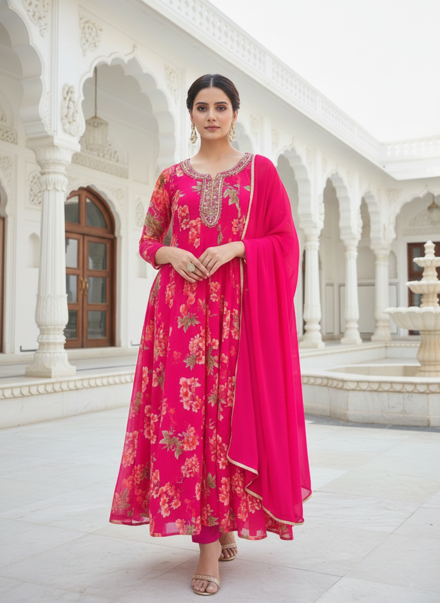 Rani Pink Tissue Floral Digital Printed Three Piece Suit Set – Neerus India