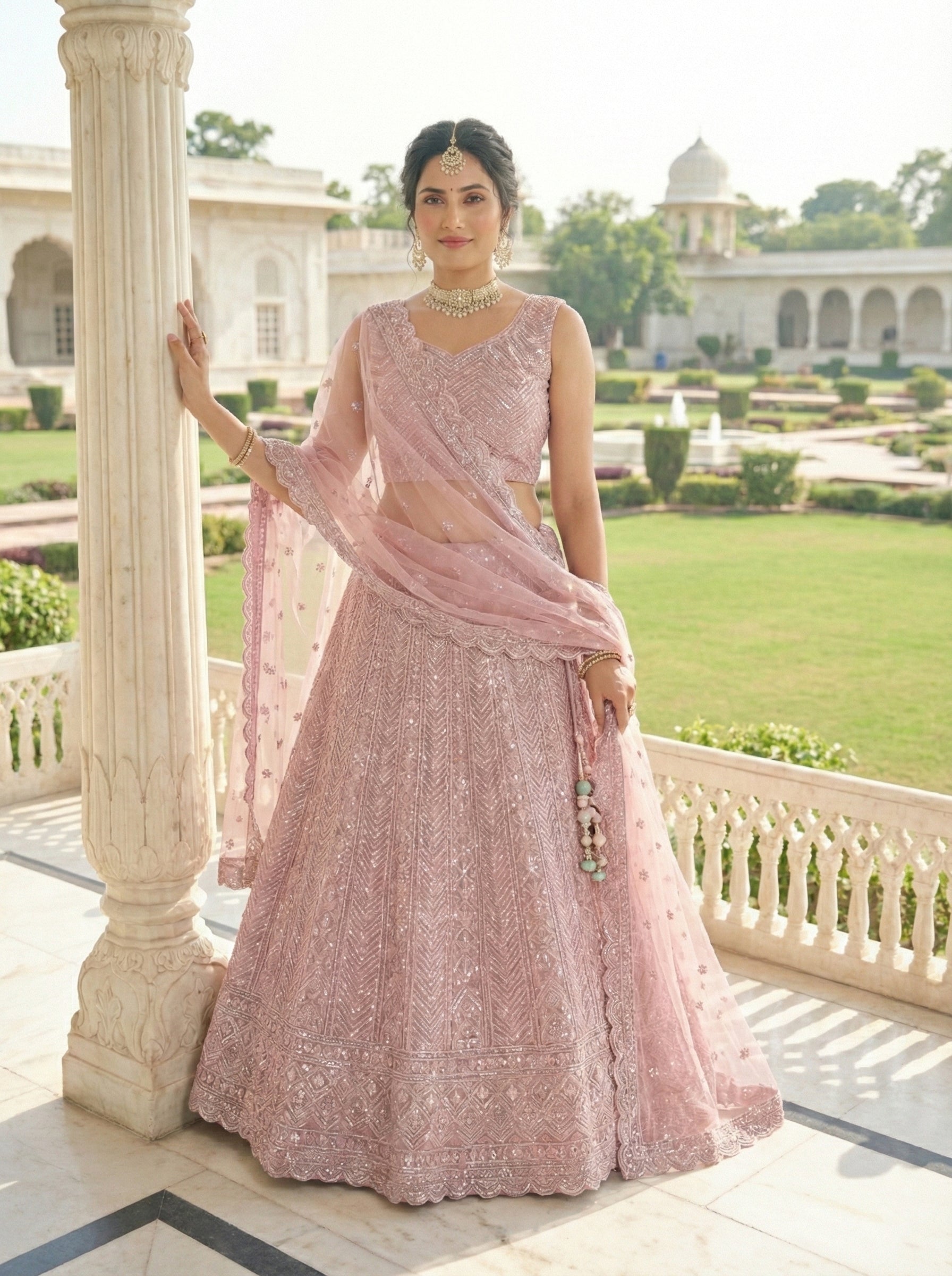 Onion Net With Heavy Beads And Stones Ghagra Set – Neerus India
