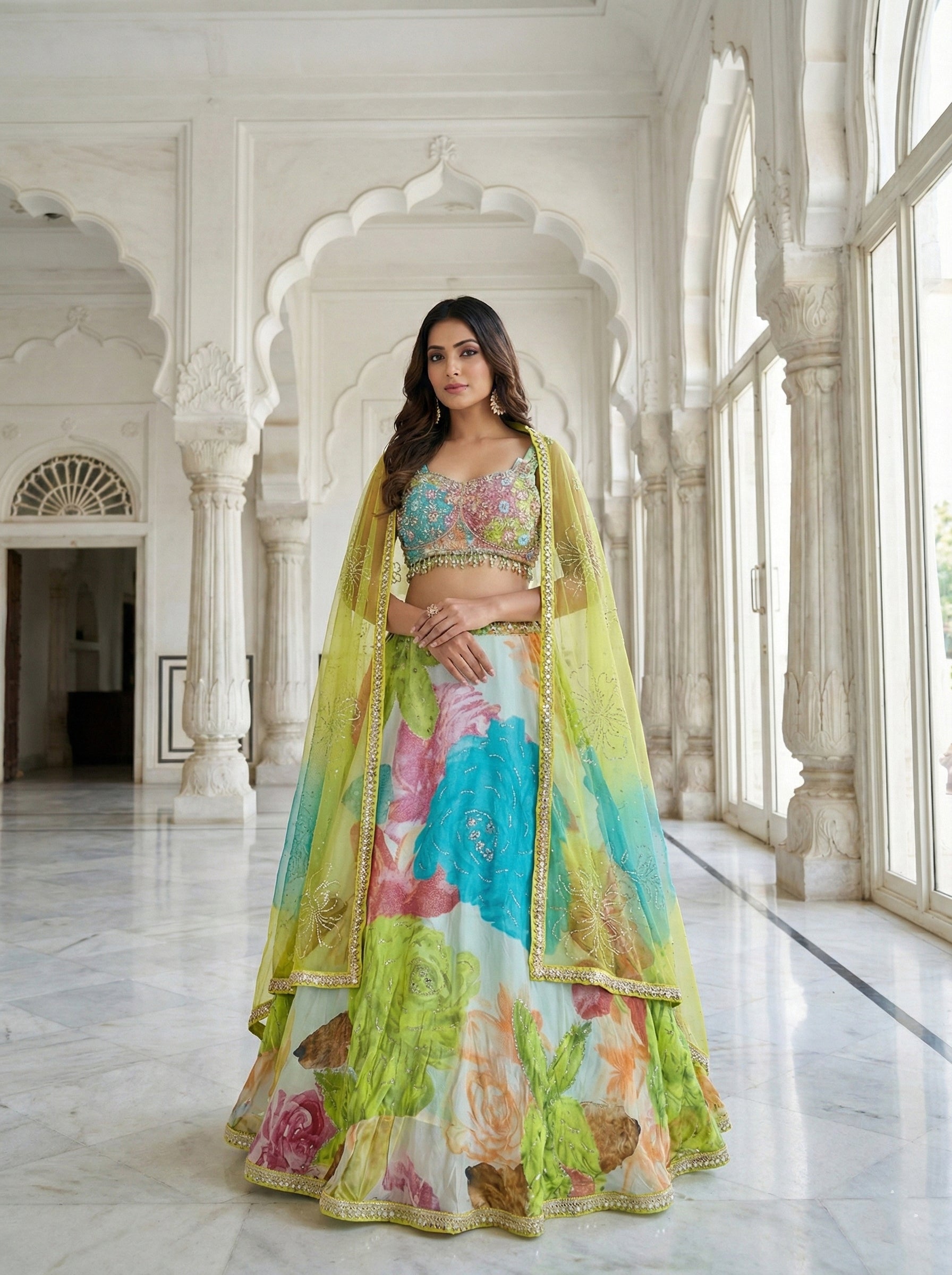 Neerus Multi Ethnic Hand Embroidered Georgette Flared Lehenga - Choli ...