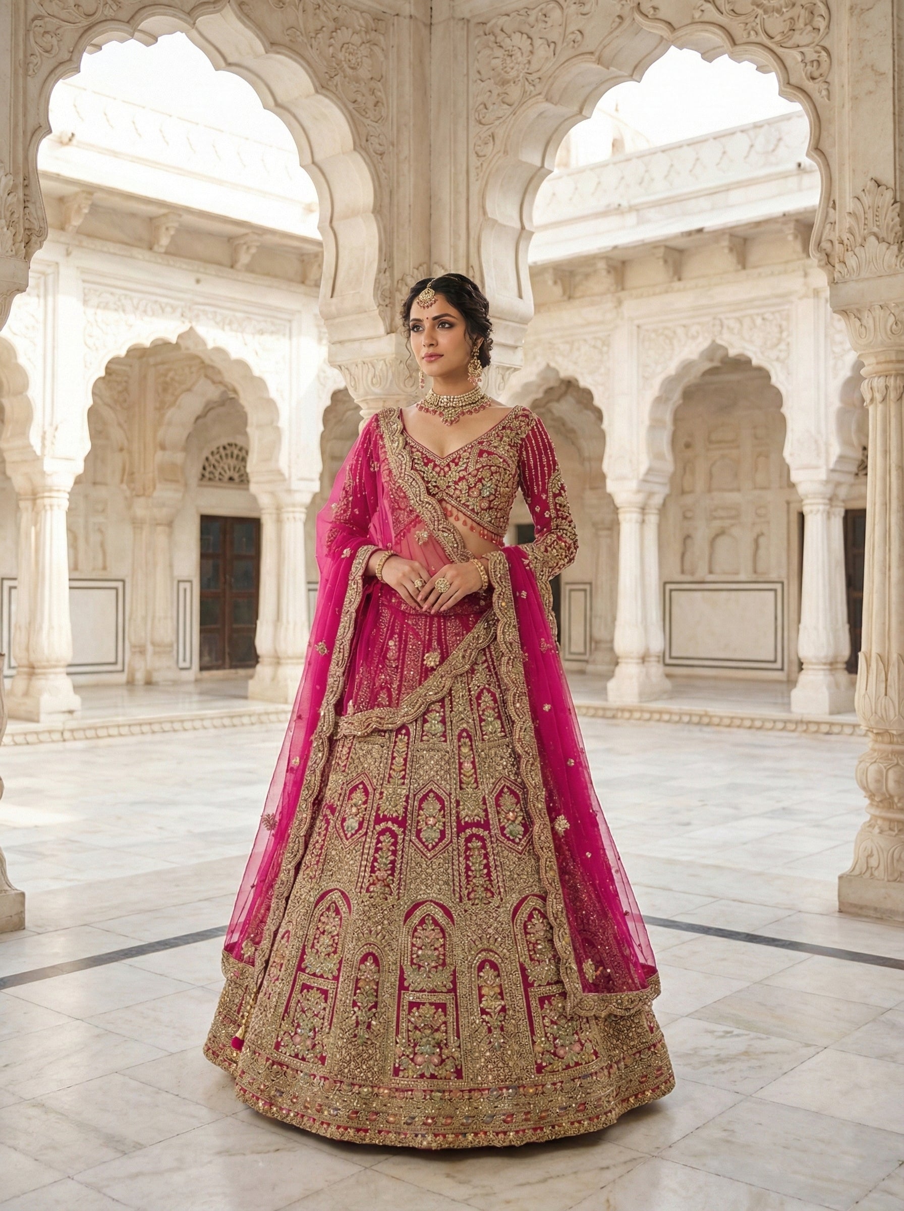 Rani Pink Net Heavy Hand Embroidered Ghagra Set – Neerus India