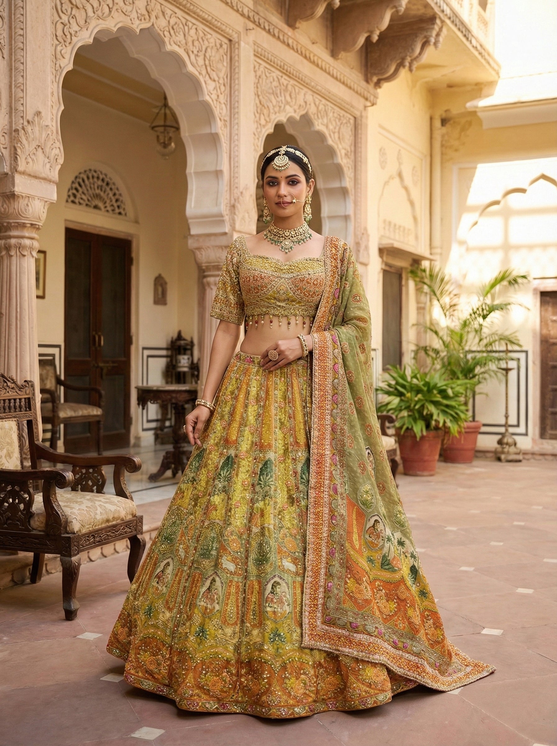 Mustard Tissue Heavy Hand Embroidered Ghagra Set – Neerus India