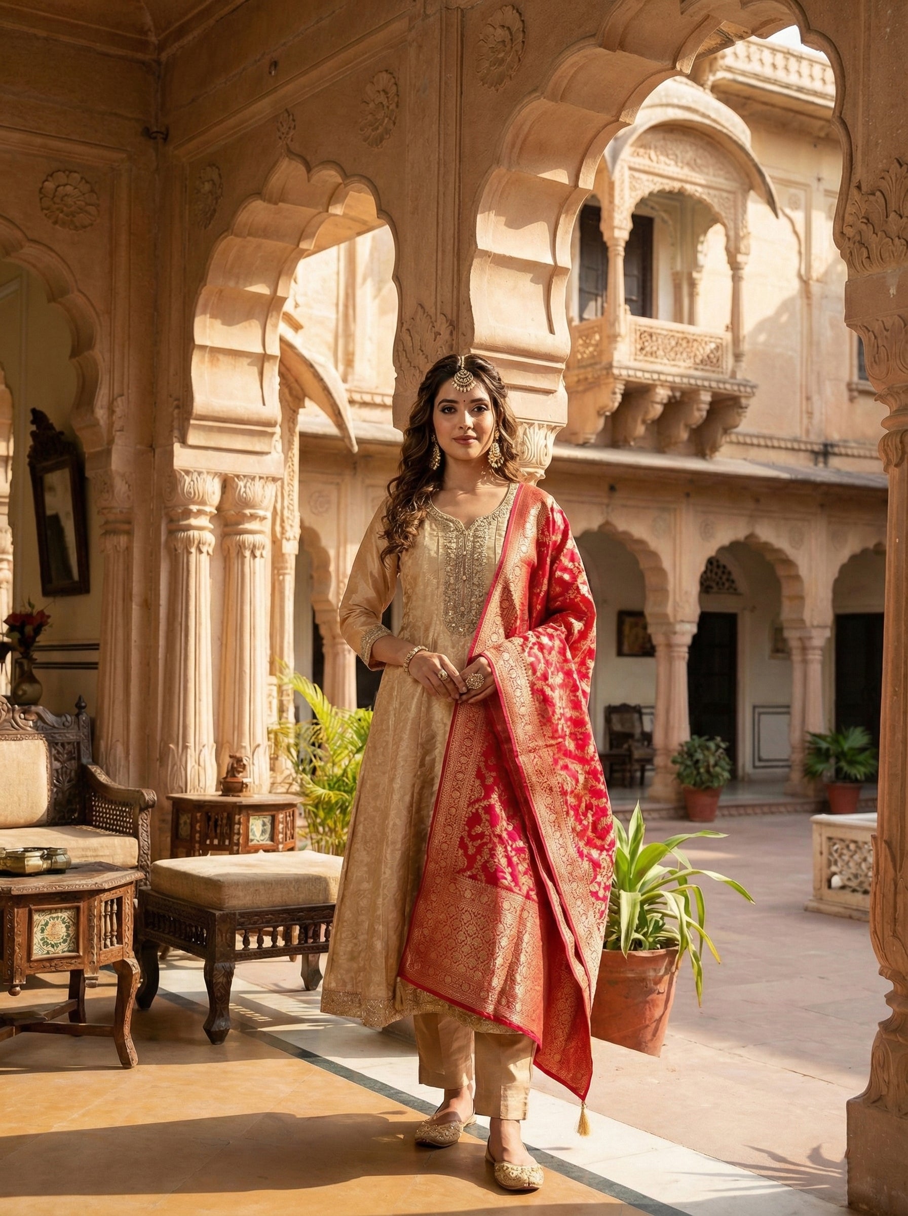 Brown Banarasi Hand Embroidery Three Piece Set – Neerus India