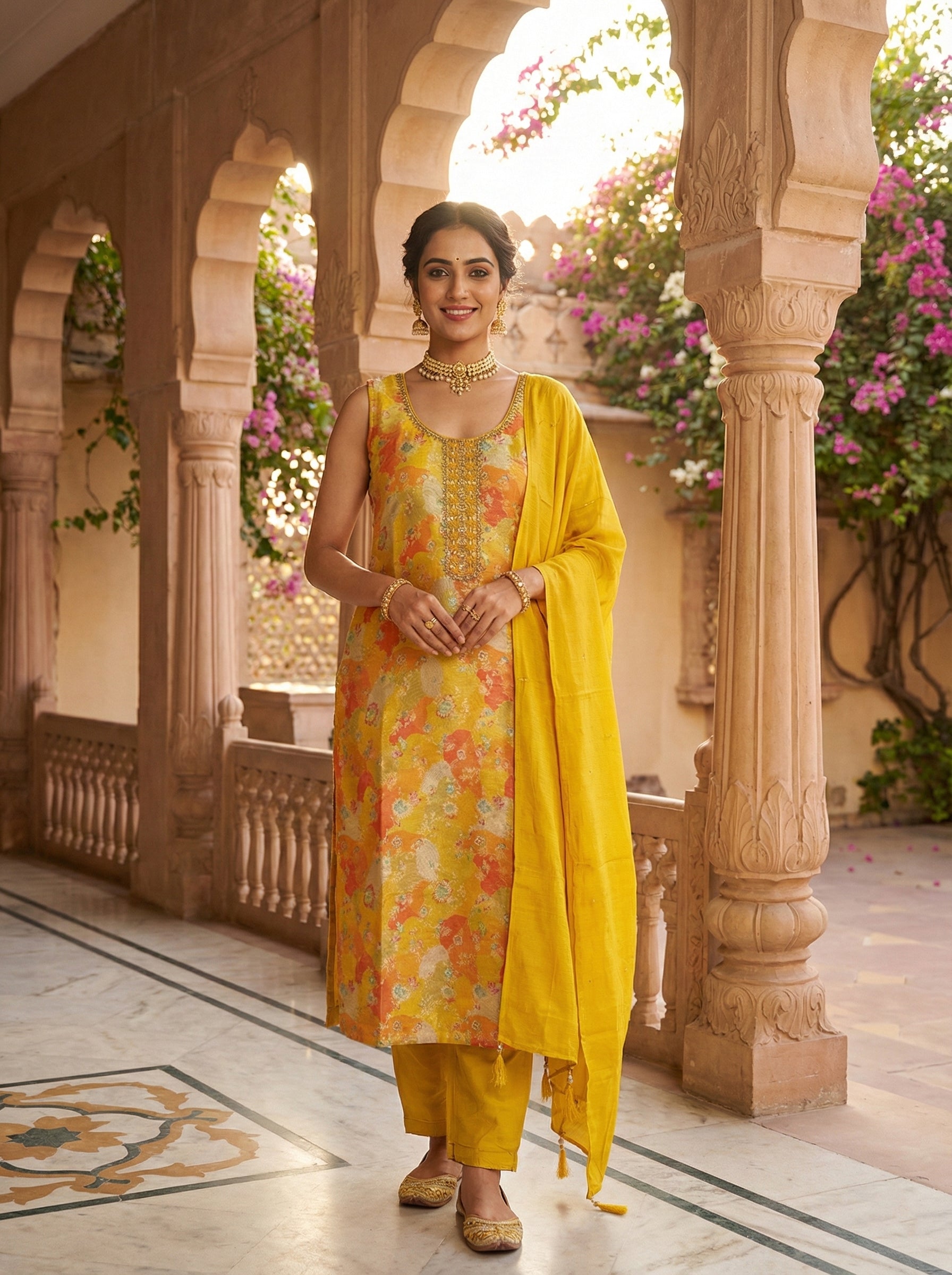 Mustard Tissue Floral Digital Print Suit Set – Neerus India