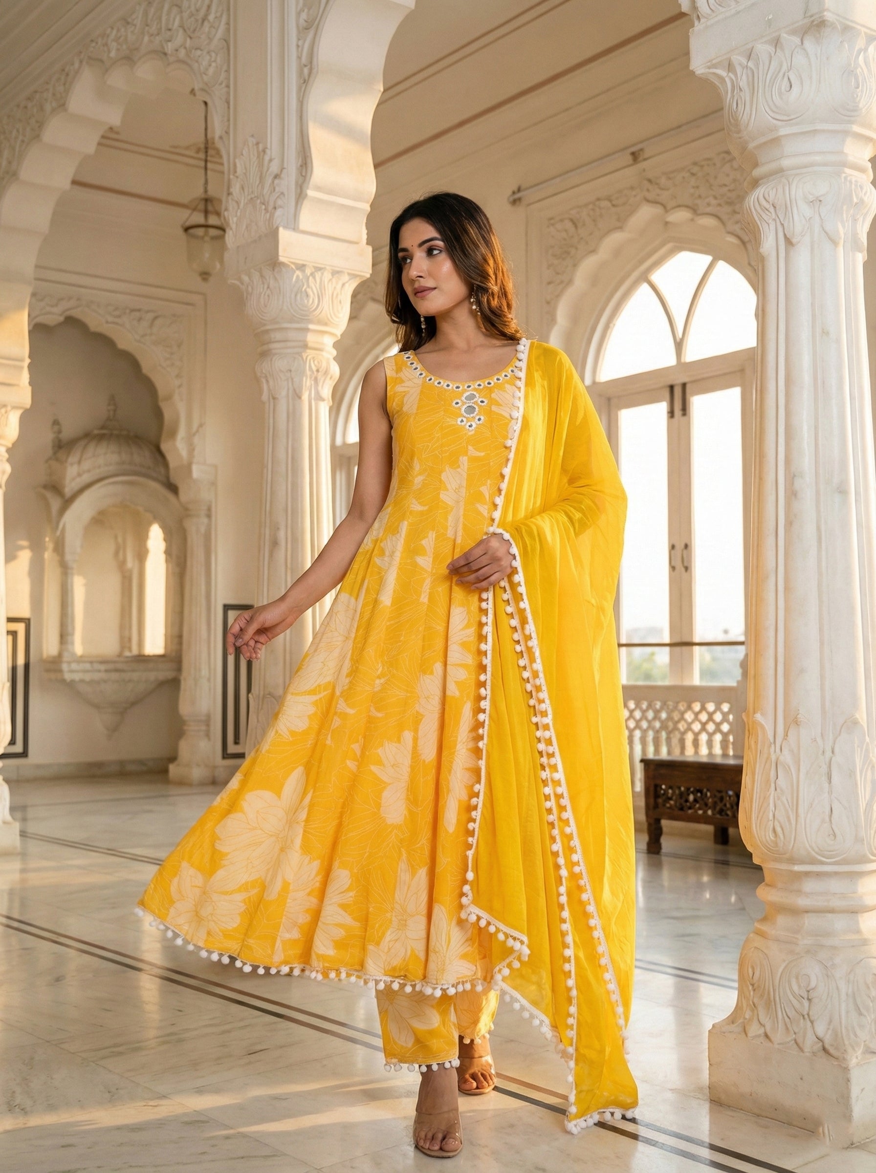 Yellow Georgette Floral Printed Three Piece Set – Neerus India