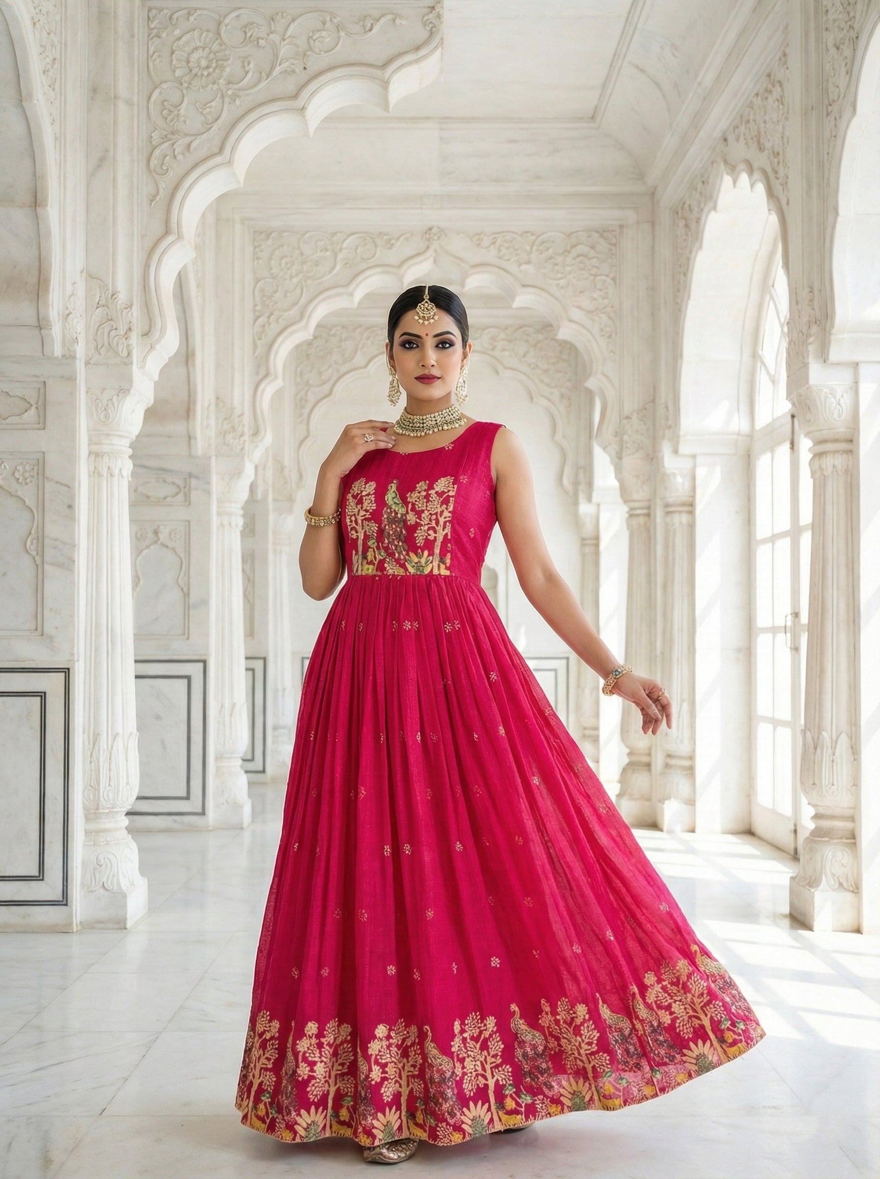 Rani Chinon Peacock Motif Block Print Long Dress – Neerus India