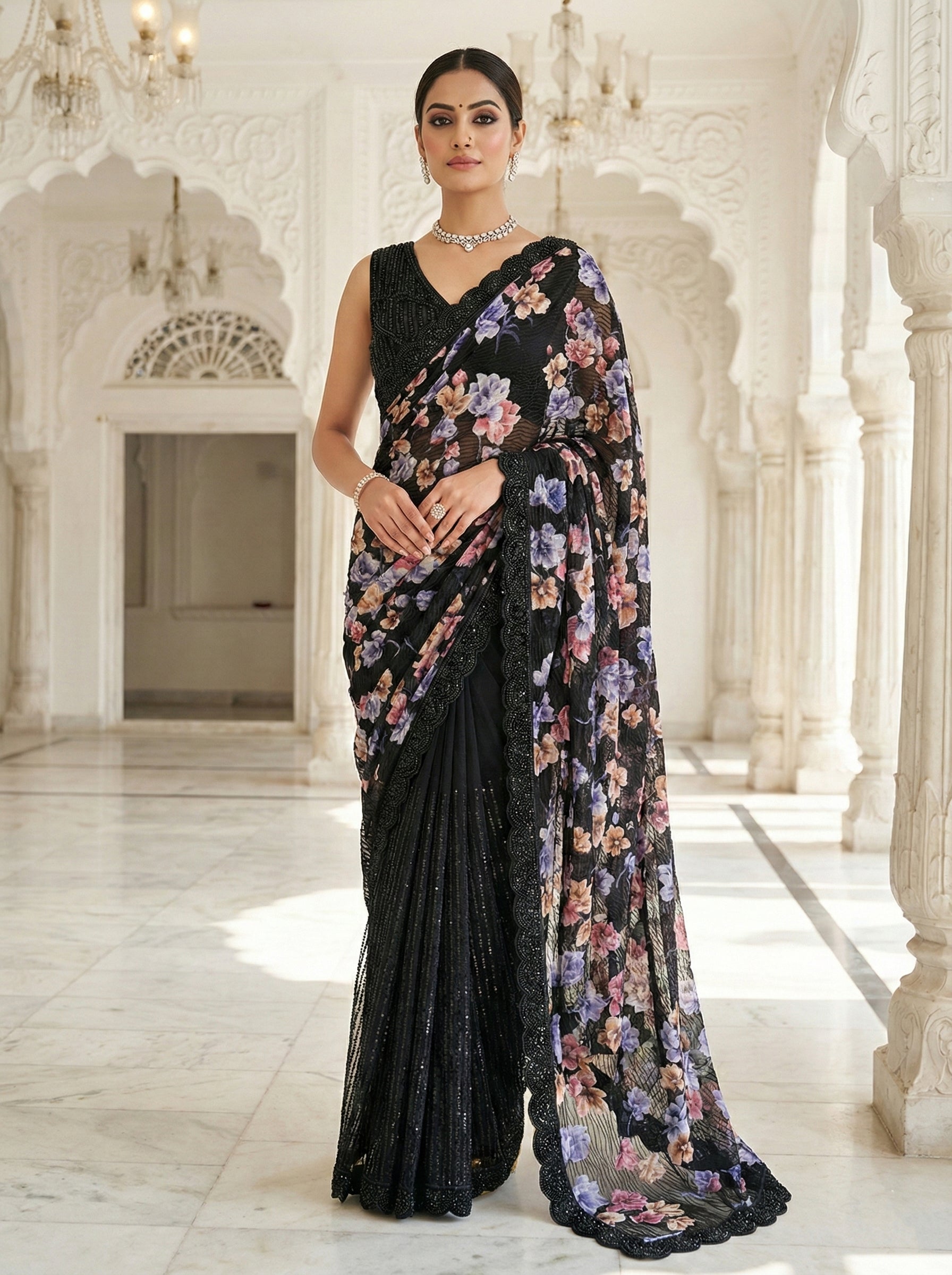 Neerus Black Floral Embellished Net Pleated Saree - Saree + Blouse ...