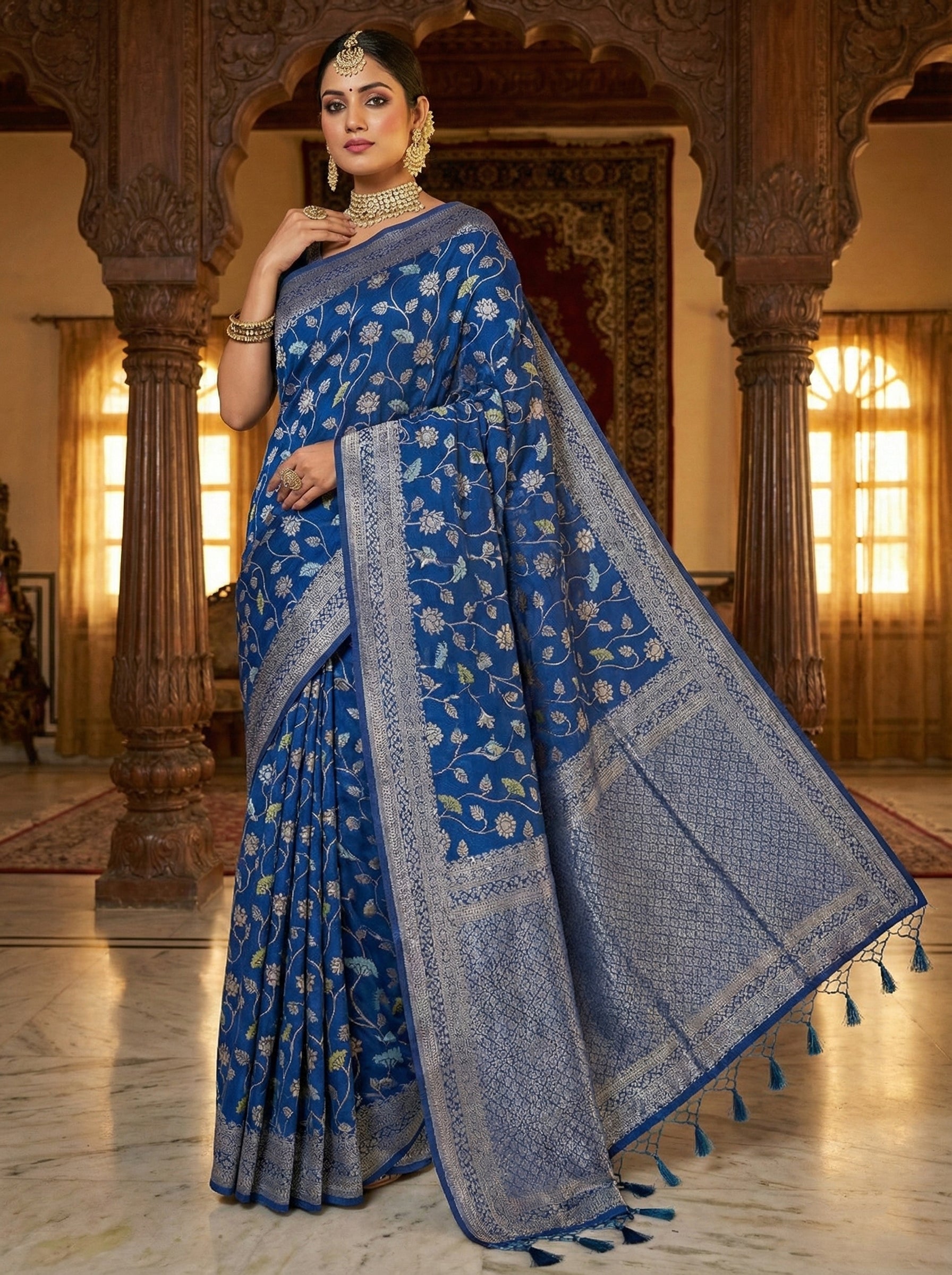 Royal Blue Silk Floral Digital Print Saree – Neerus India