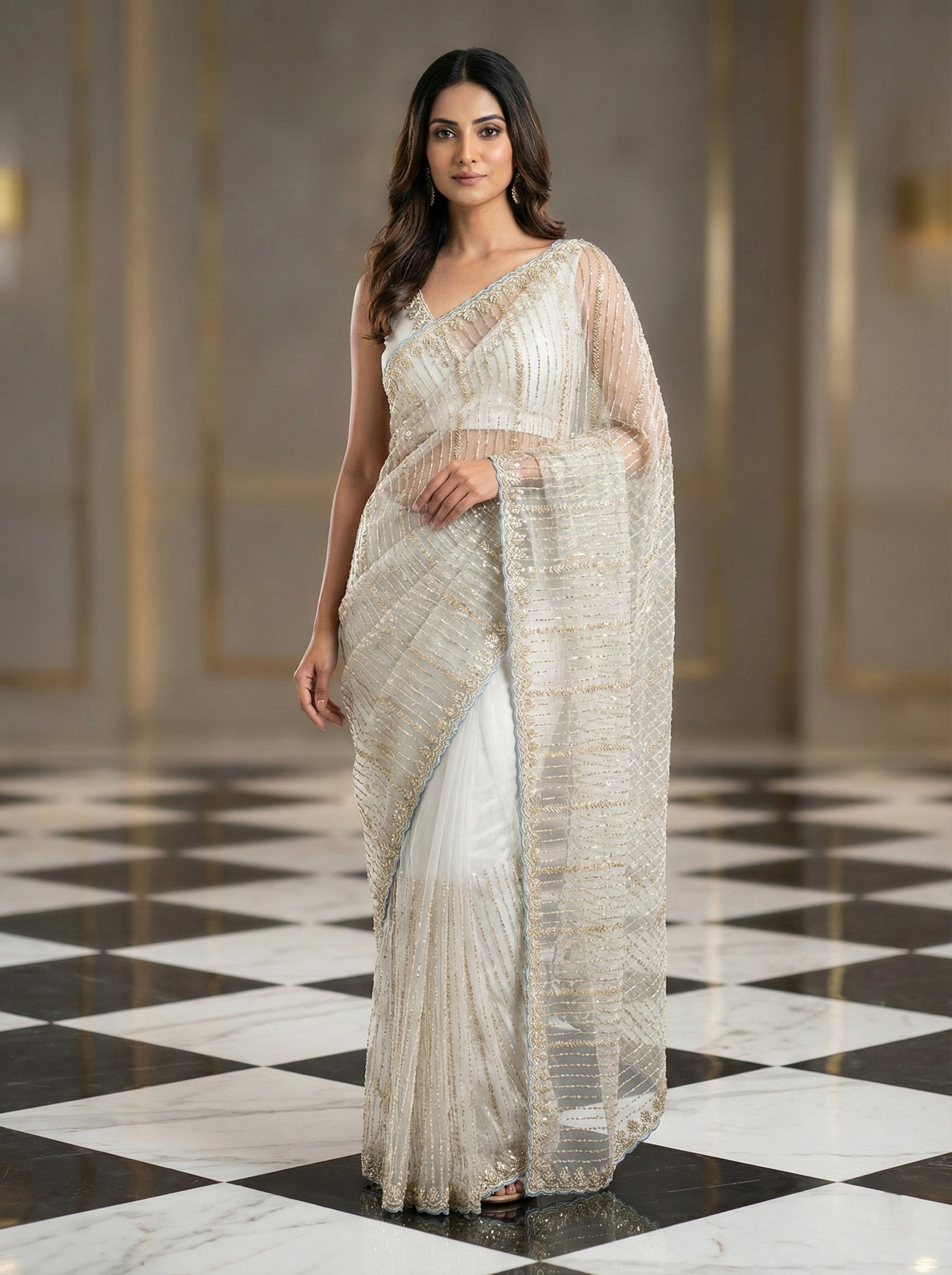 Grey Net Heavy Hand Embroidery Saree – Neerus India