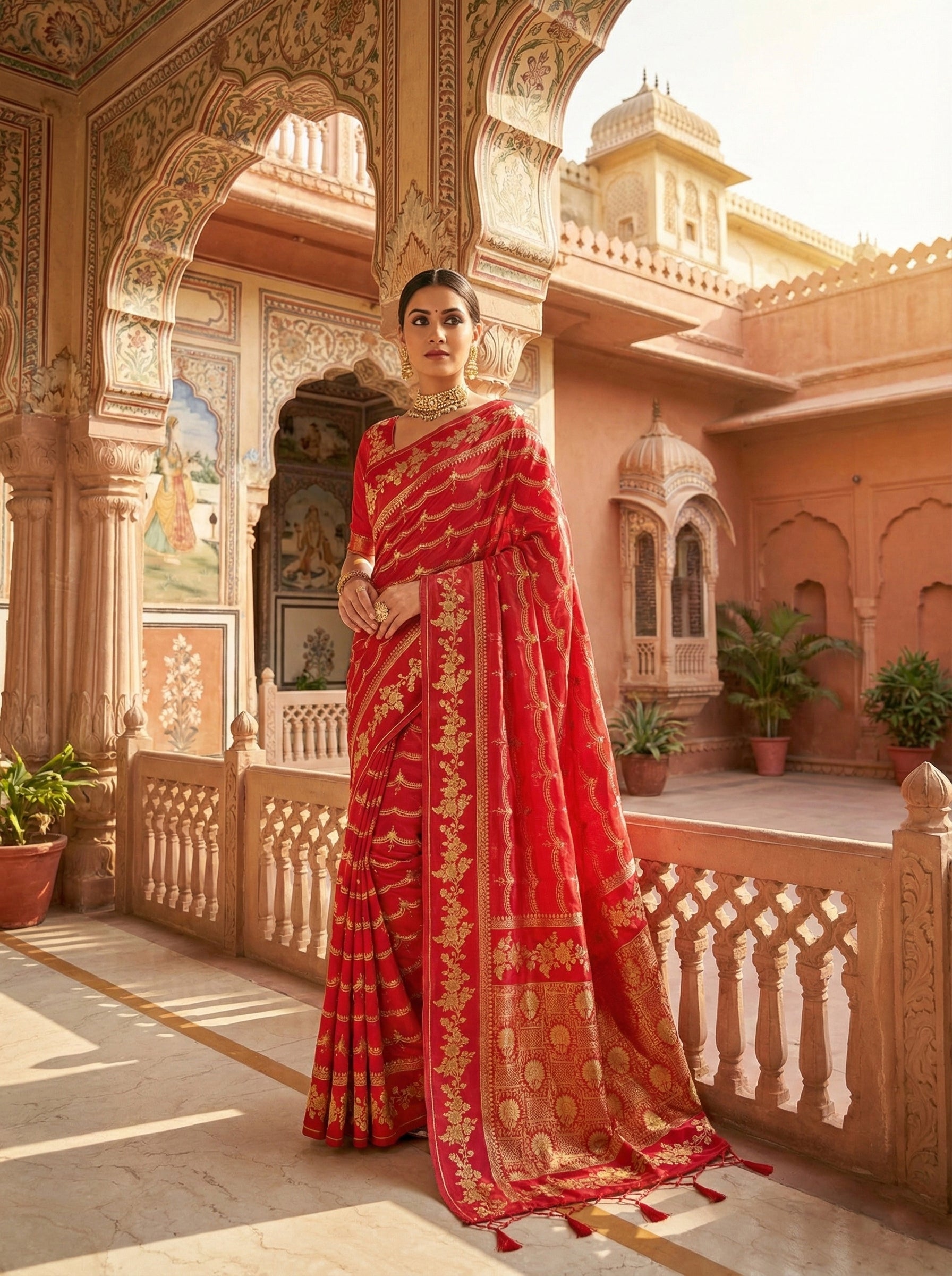 Red Silk Floral Digital Printed Saree – Neerus India