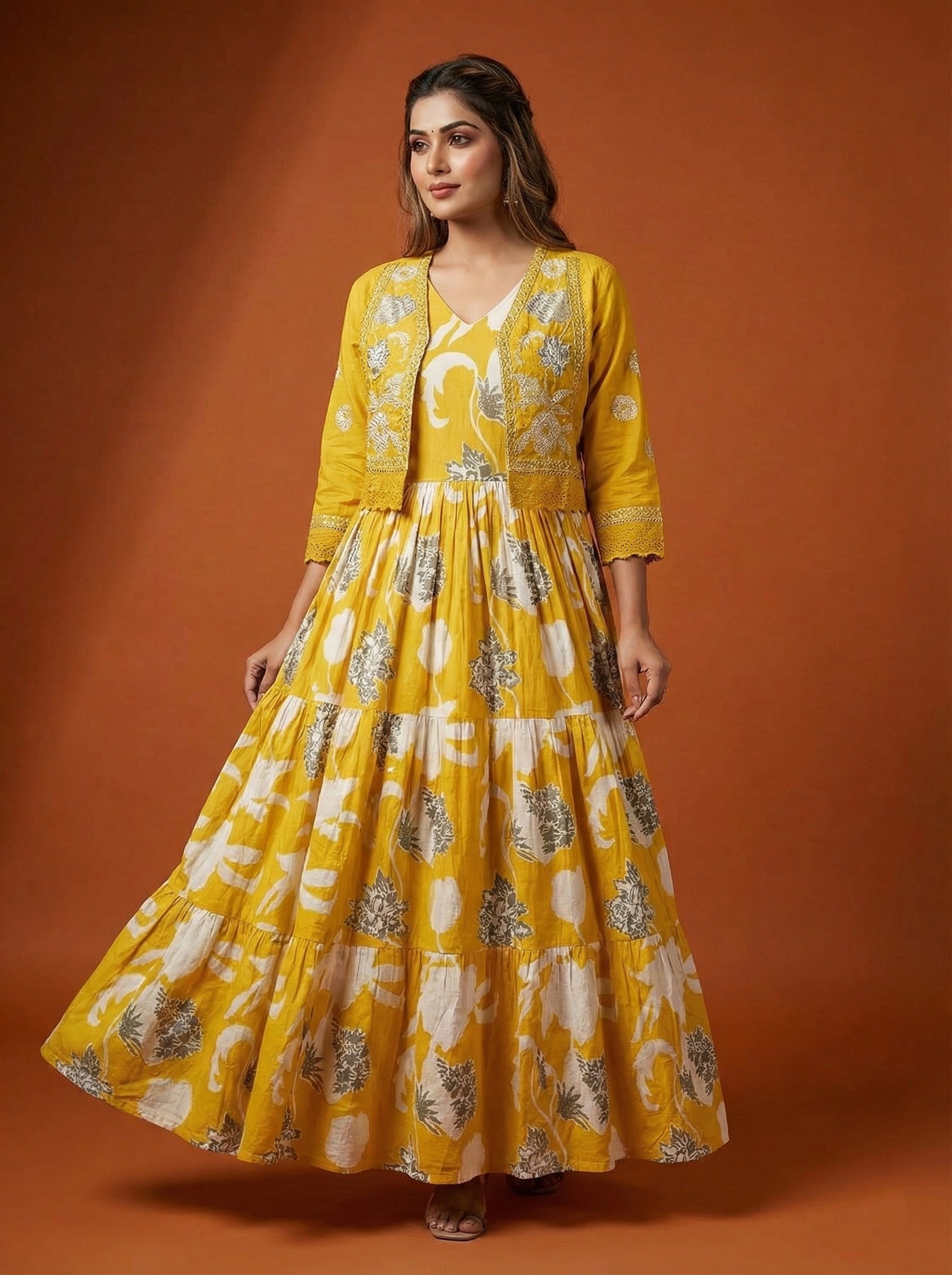 Mustard Cotton Floral Digital Print Long Dress – Neerus India