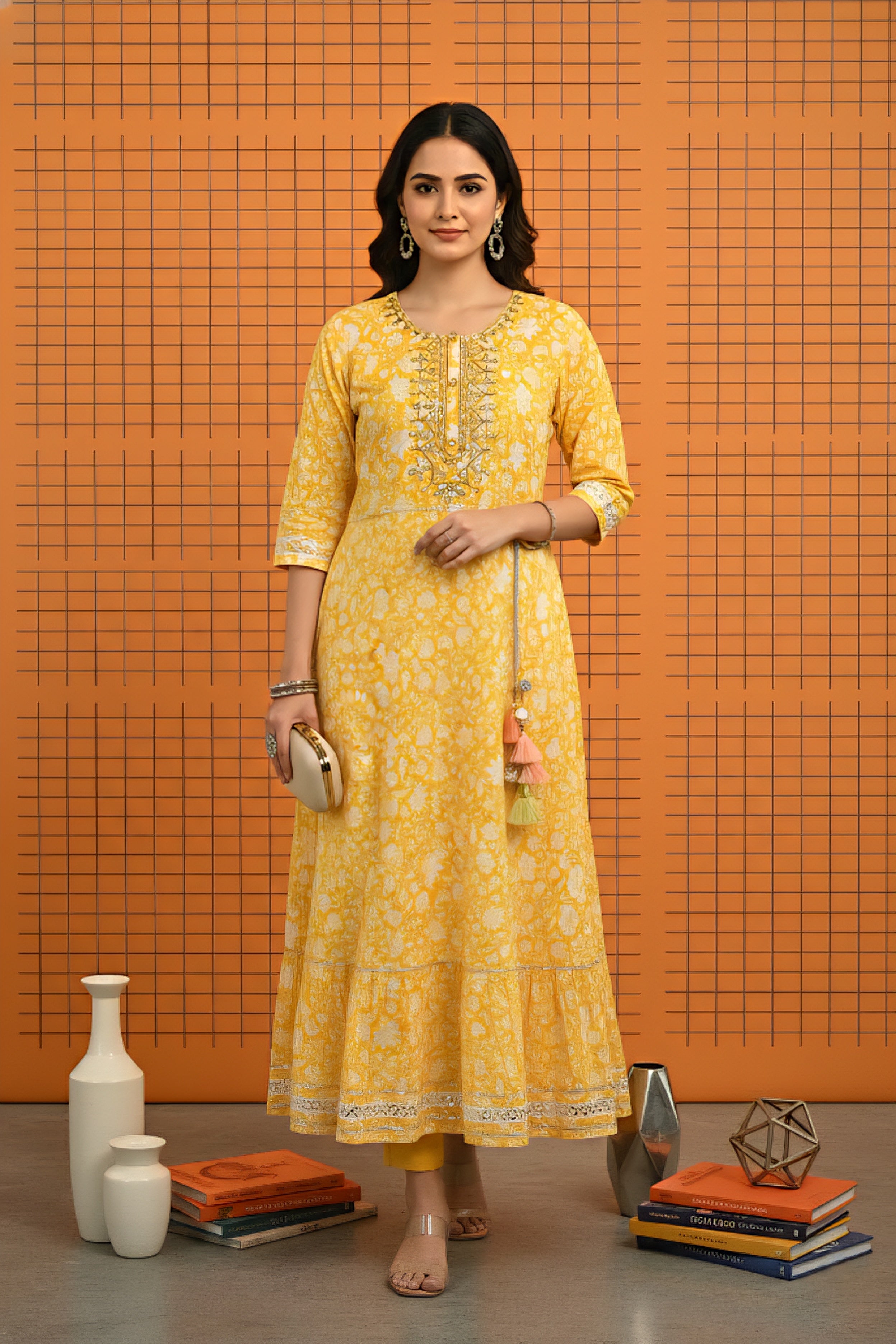 Yellow Cotton Sequins And Floral Printed Dress – Neerus India