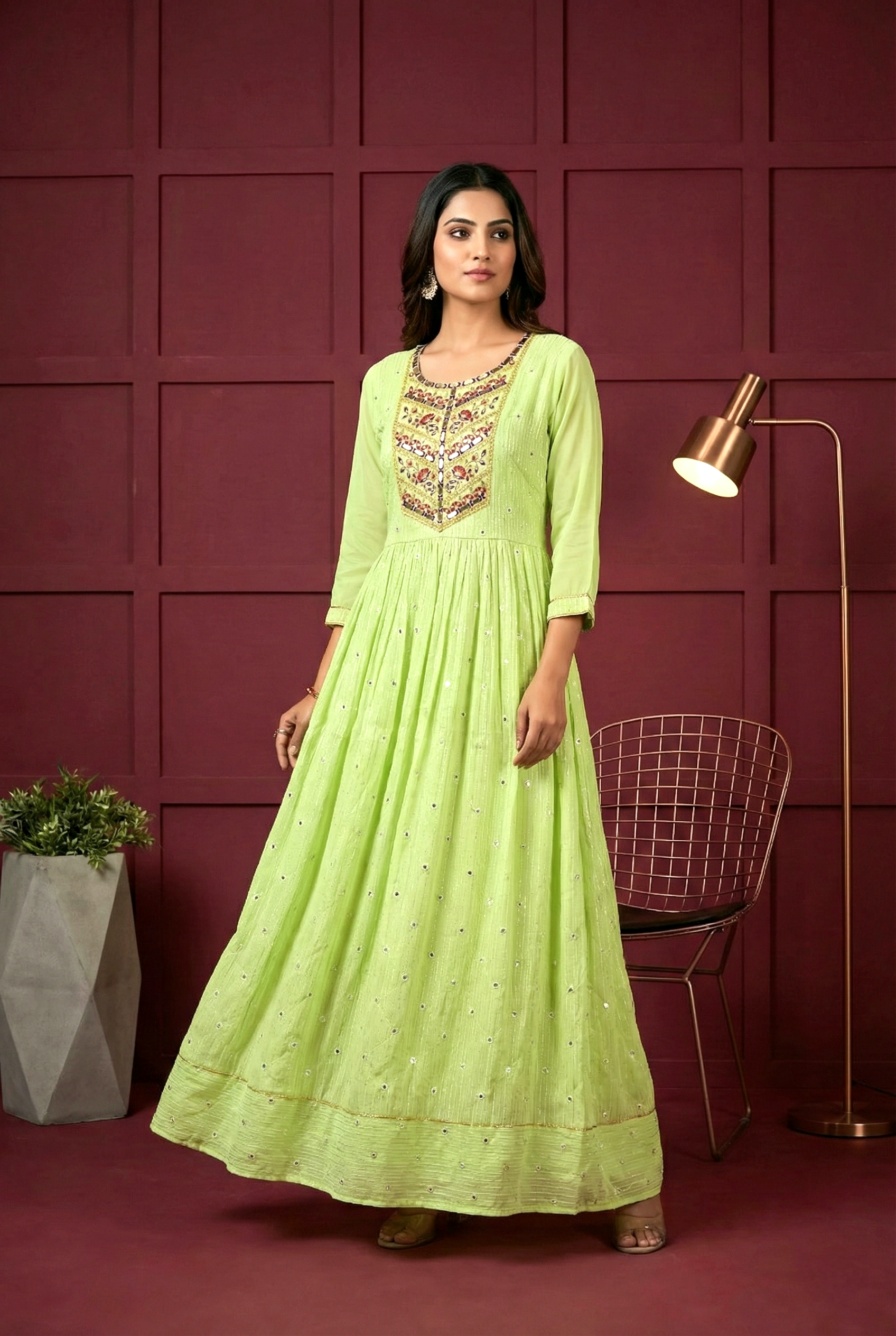 Pista Georgette Hand Embroidery Long Dress – Neerus India
