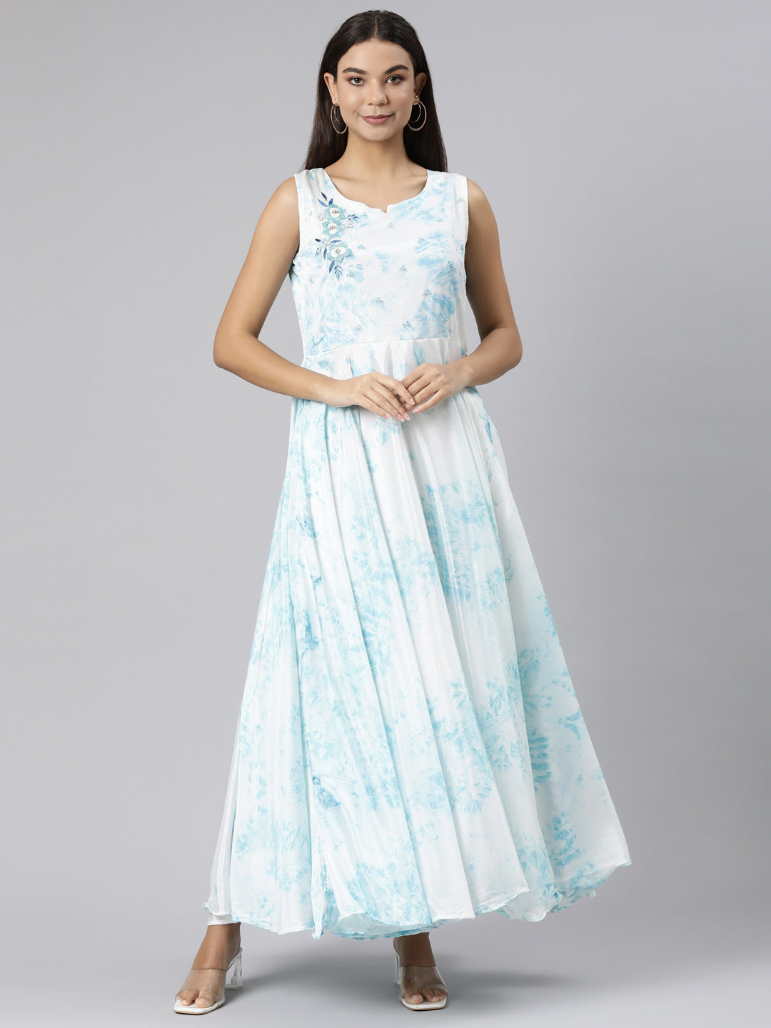 Neerus White Floral Printed Crepe Flared Dress for Casual Daily Wear ...