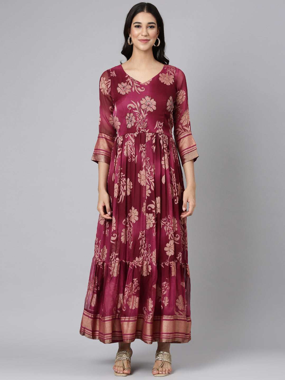 Neerus Wine Casual Floral Maxi Dresses – Neerus India