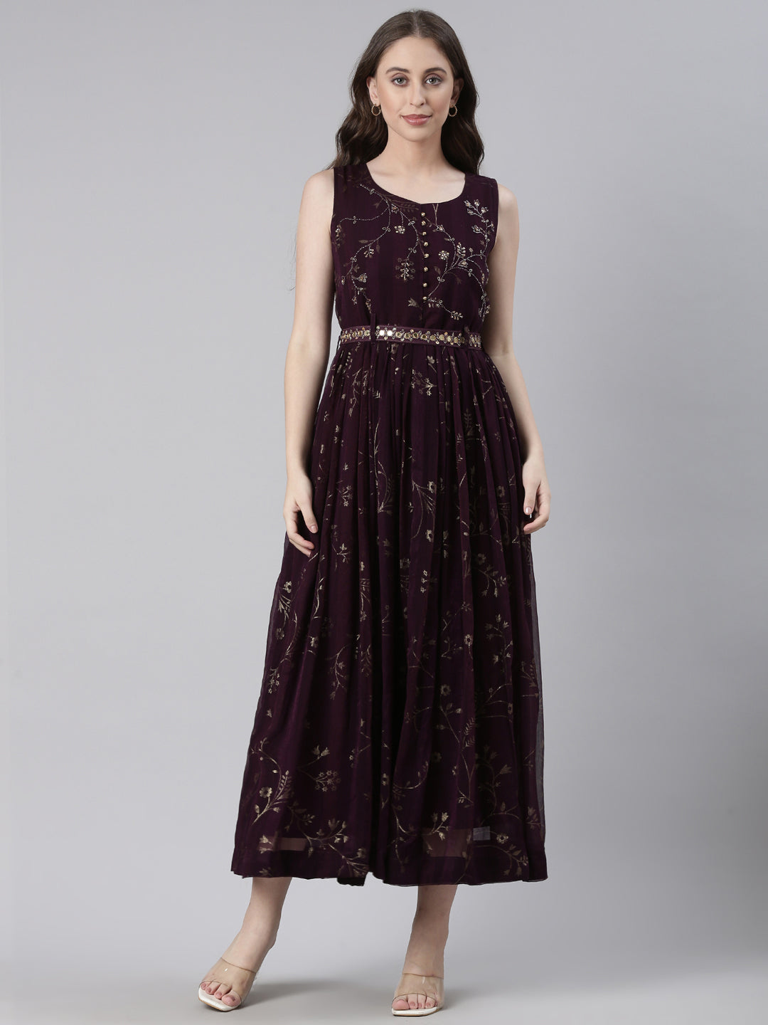 Neerus Brown Casual Floral Maxi Dresses – Neerus India