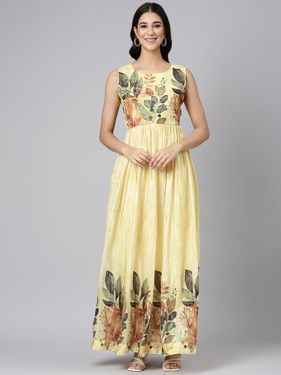 Neerus Lemon Casual Floral Maxi Dresses – Neerus India
