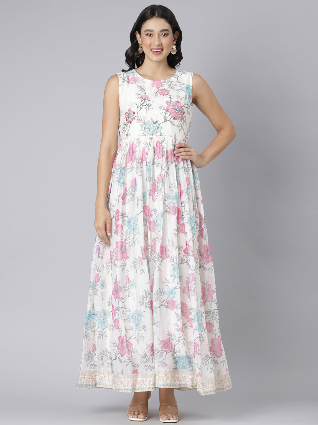 Neerus Beige Floral Printed Maxi Dress for Casual Daily Wear Women ...