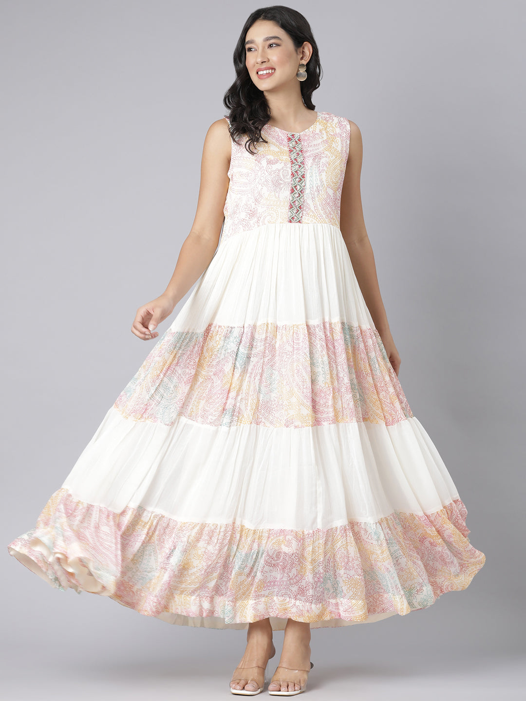 Neerus Cream Casual Paisley Maxi Dresses – Neerus India
