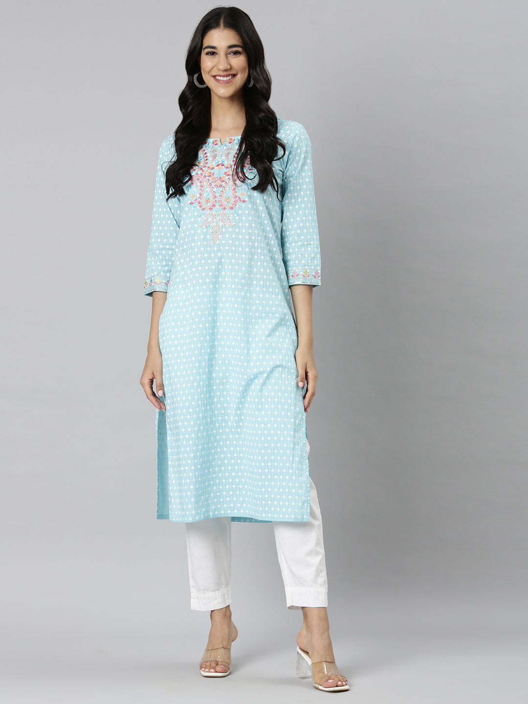 Neerus Blue Casual Ethnic Motifs Straight Kurtas – neerus-india
