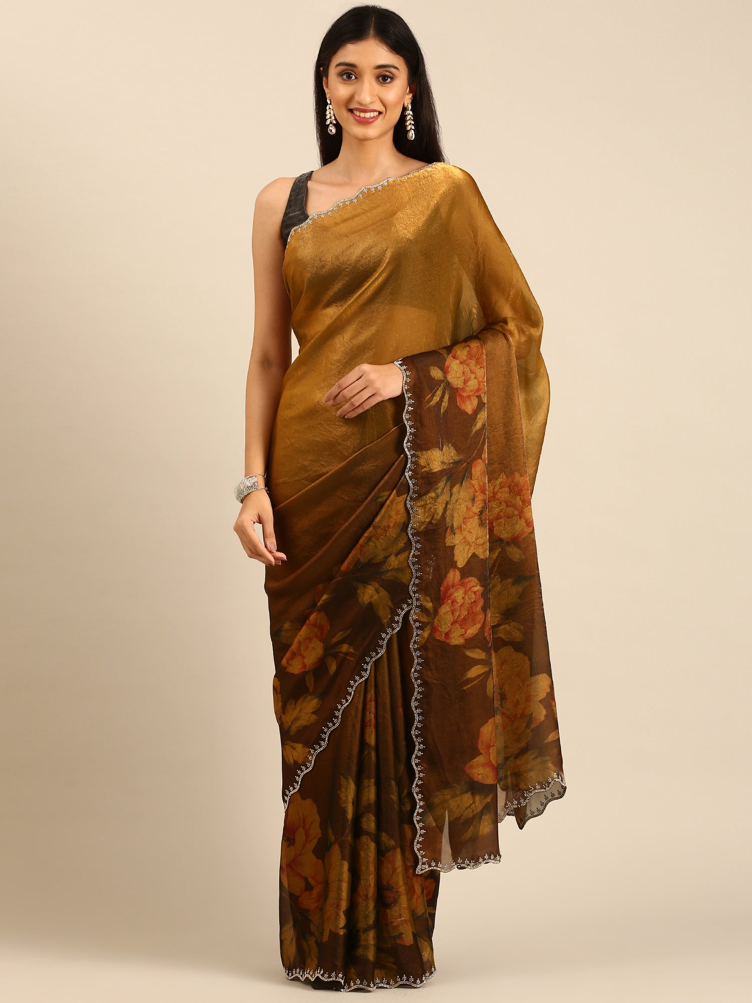 Gold & Rust Floral Printed Jimmy Tissue Saree With Swarovski Embroider ...