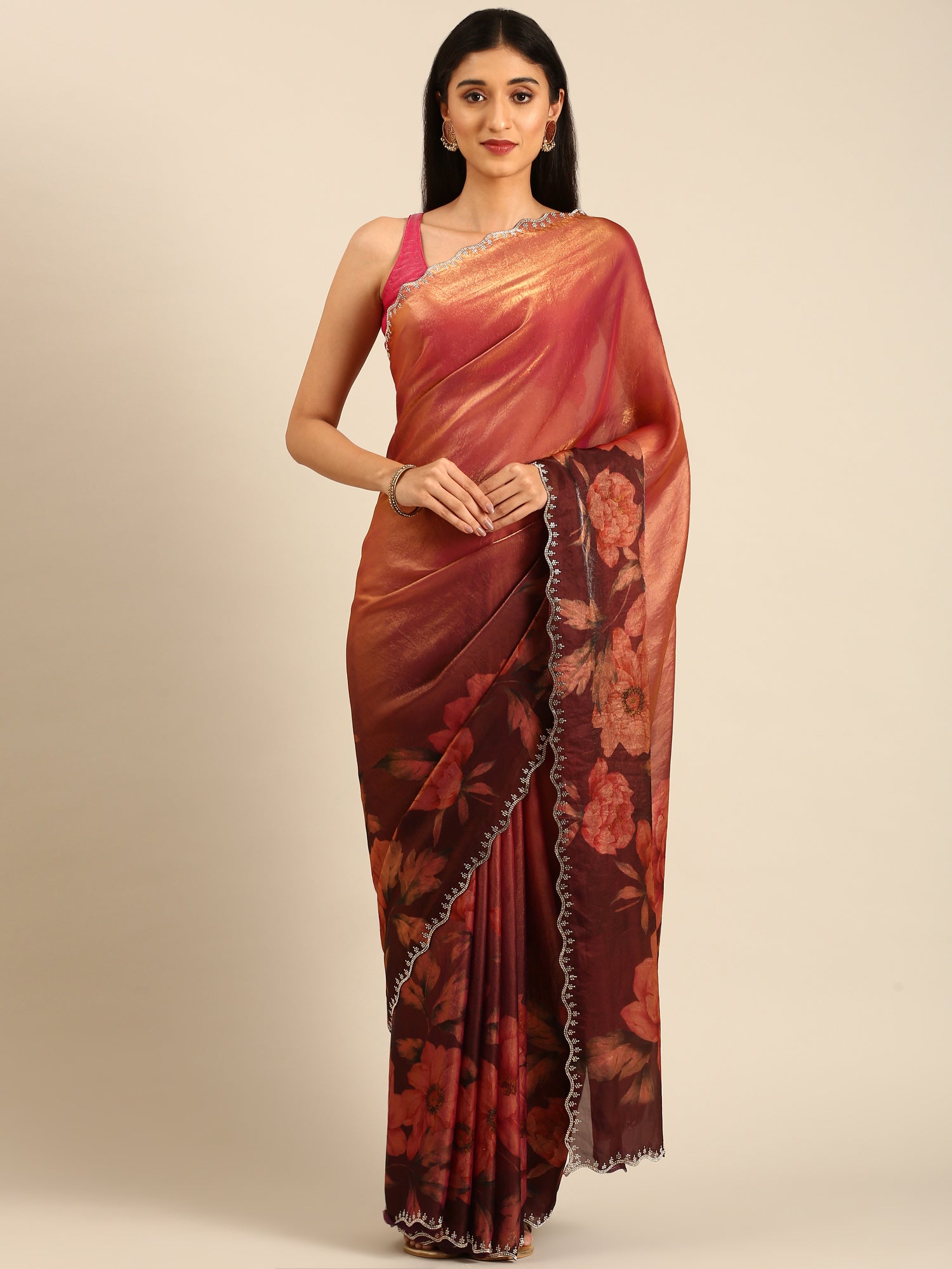 Gold & Maroon Floral Printed Jimmy Tissue Saree With Swarovski Embroid ...