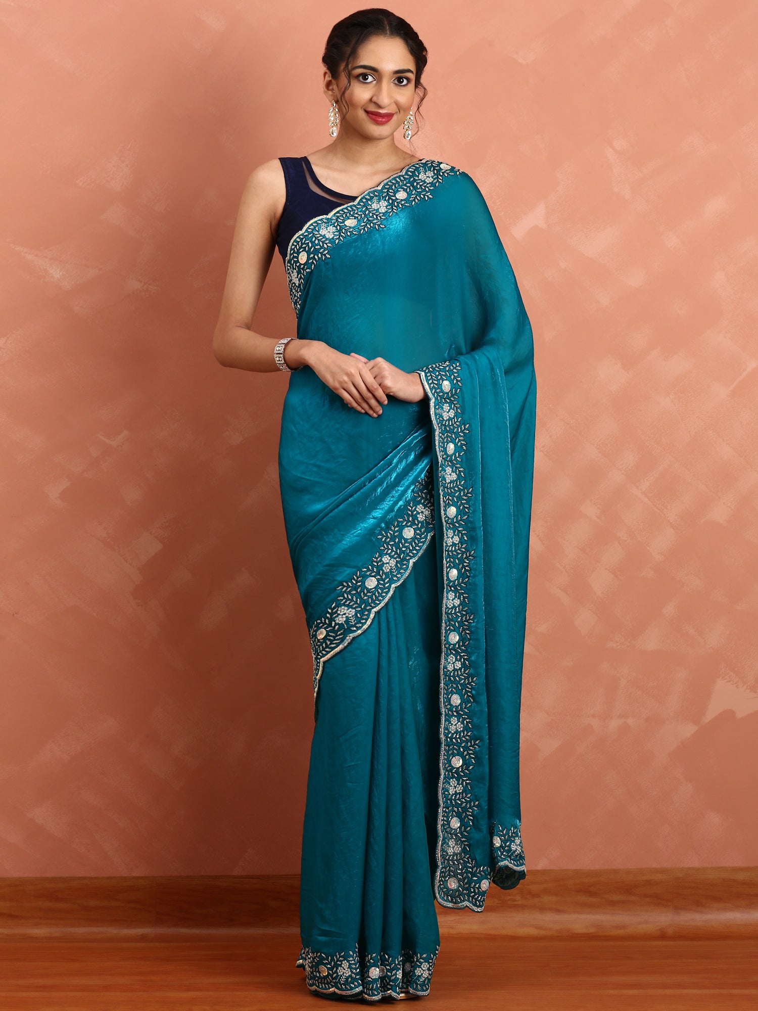 Peacock green jimmy saree with hand embroidery – Neerus India