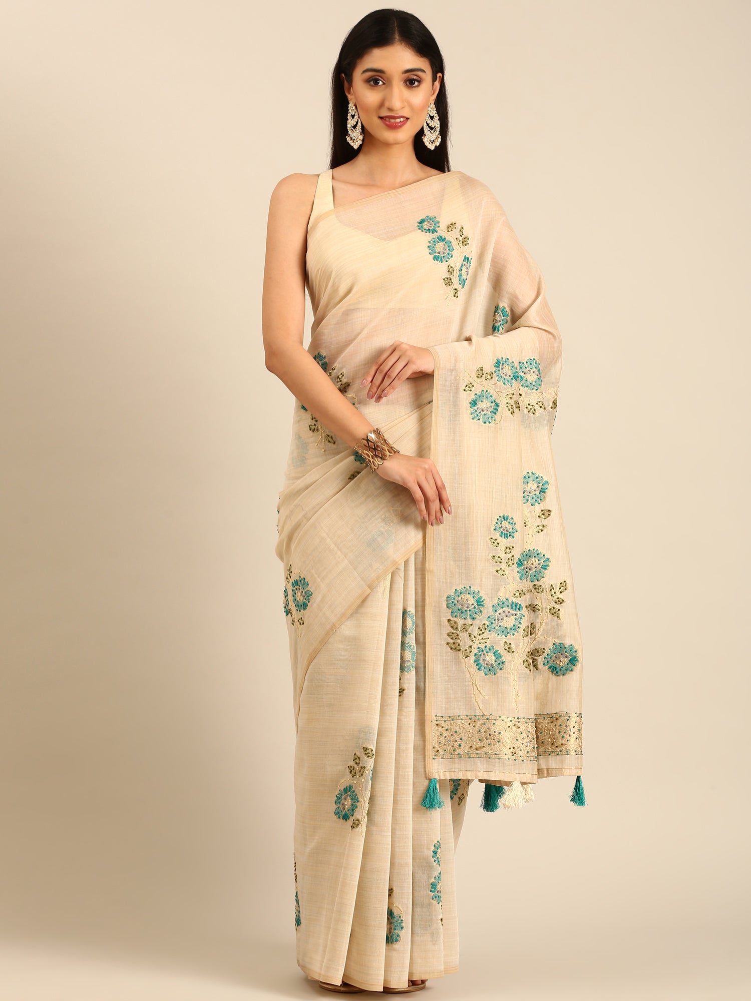 Cream Chanderi Silk Saree With Sequins And French Knot Embroidery ...