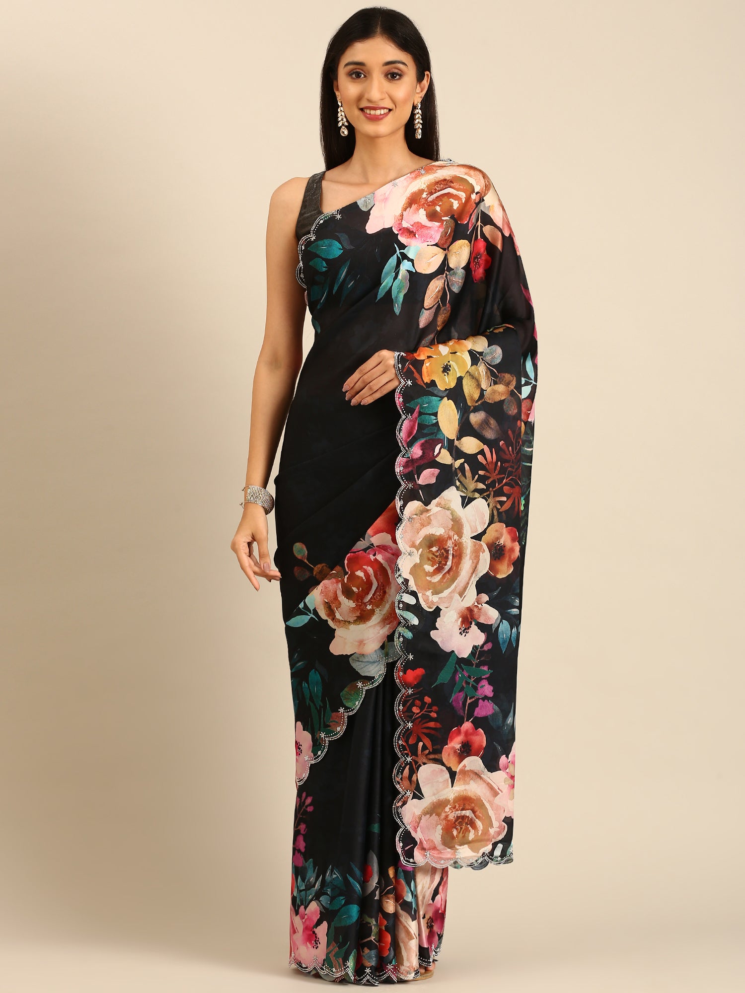 Black Satin Floral Printed Saree With Swarovski Embroidery – Neerus India