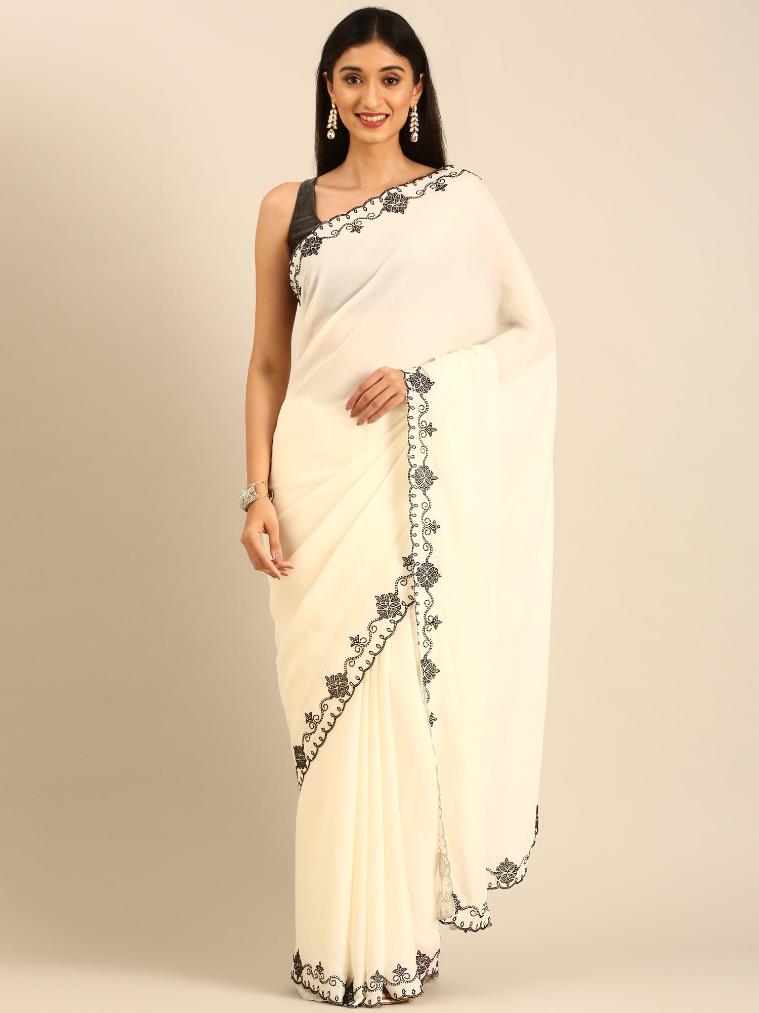 Neerus Beige Solid Embellished Satin Straight Saree - Saree + Blouse ...