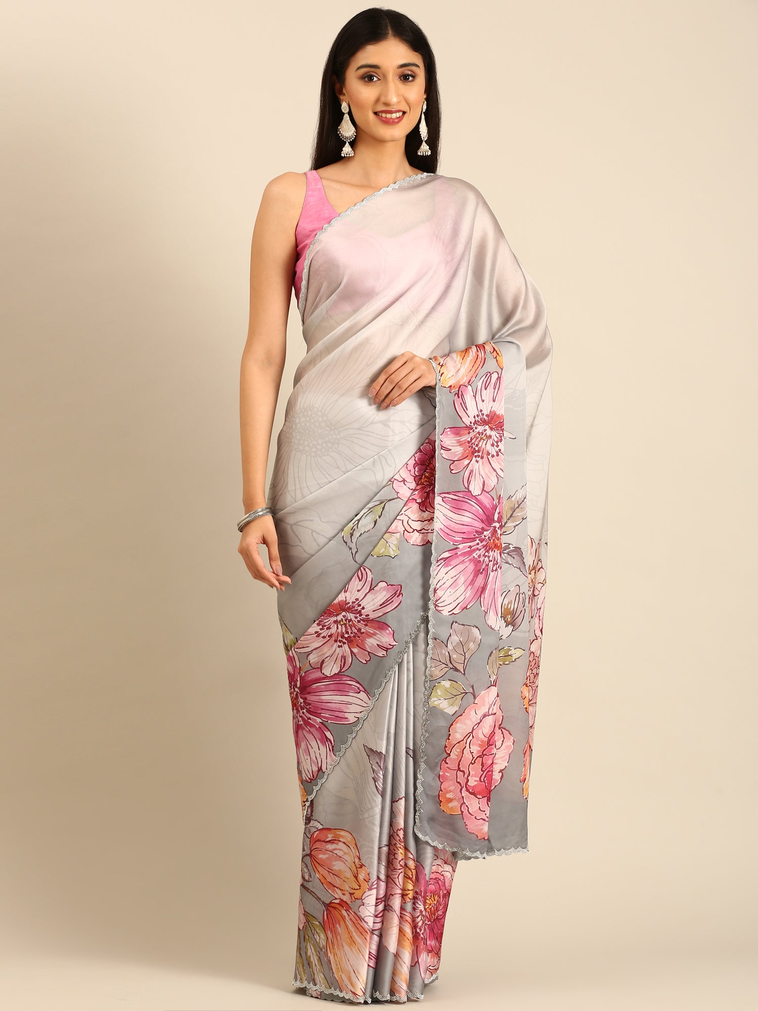 Neerus Floral Embellished Satin Pleated Saree - Saree + Blouse Piece ...