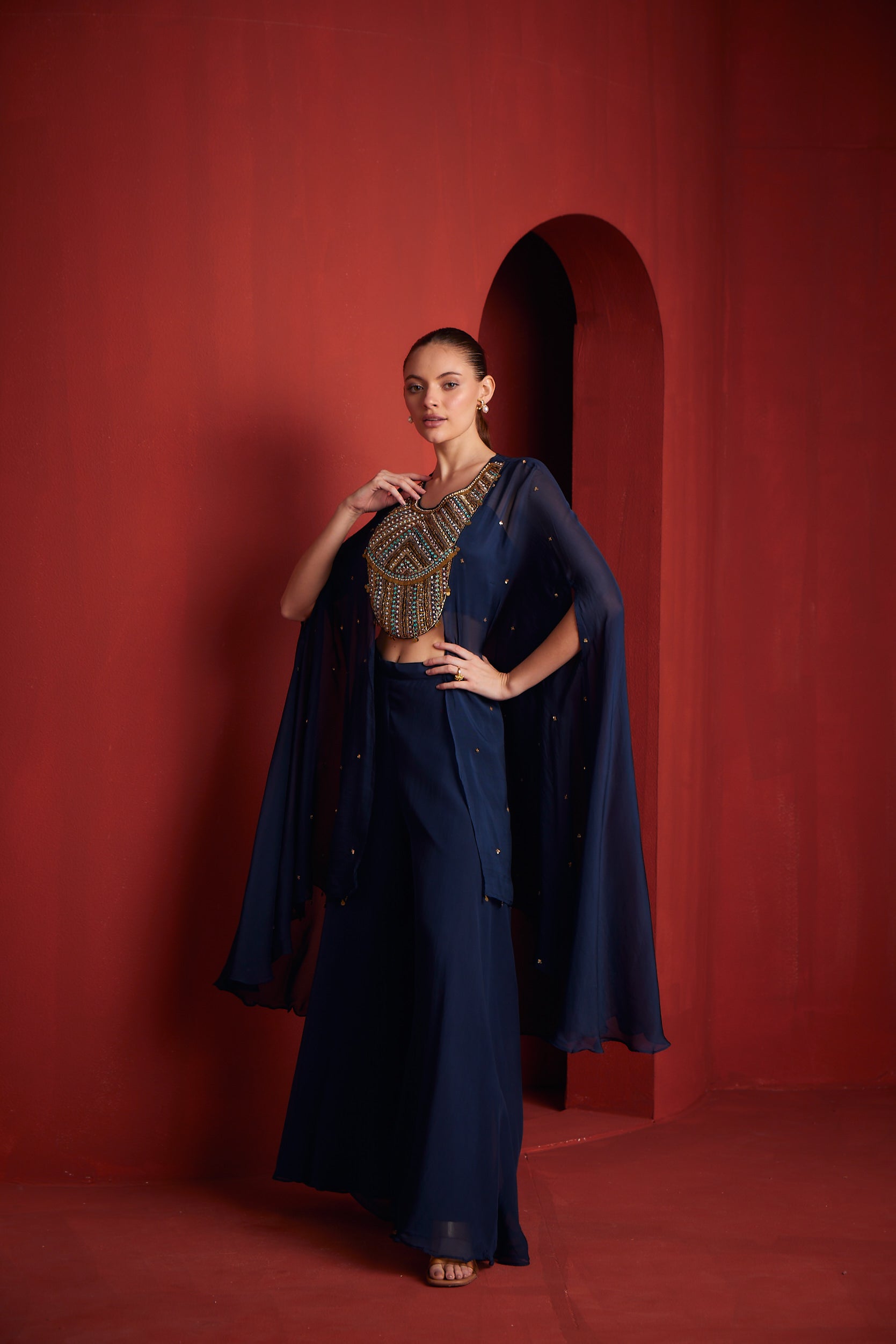 Neeru's Womens Peacock Color Organza Fabric Fusion Suit Set – Neerus India