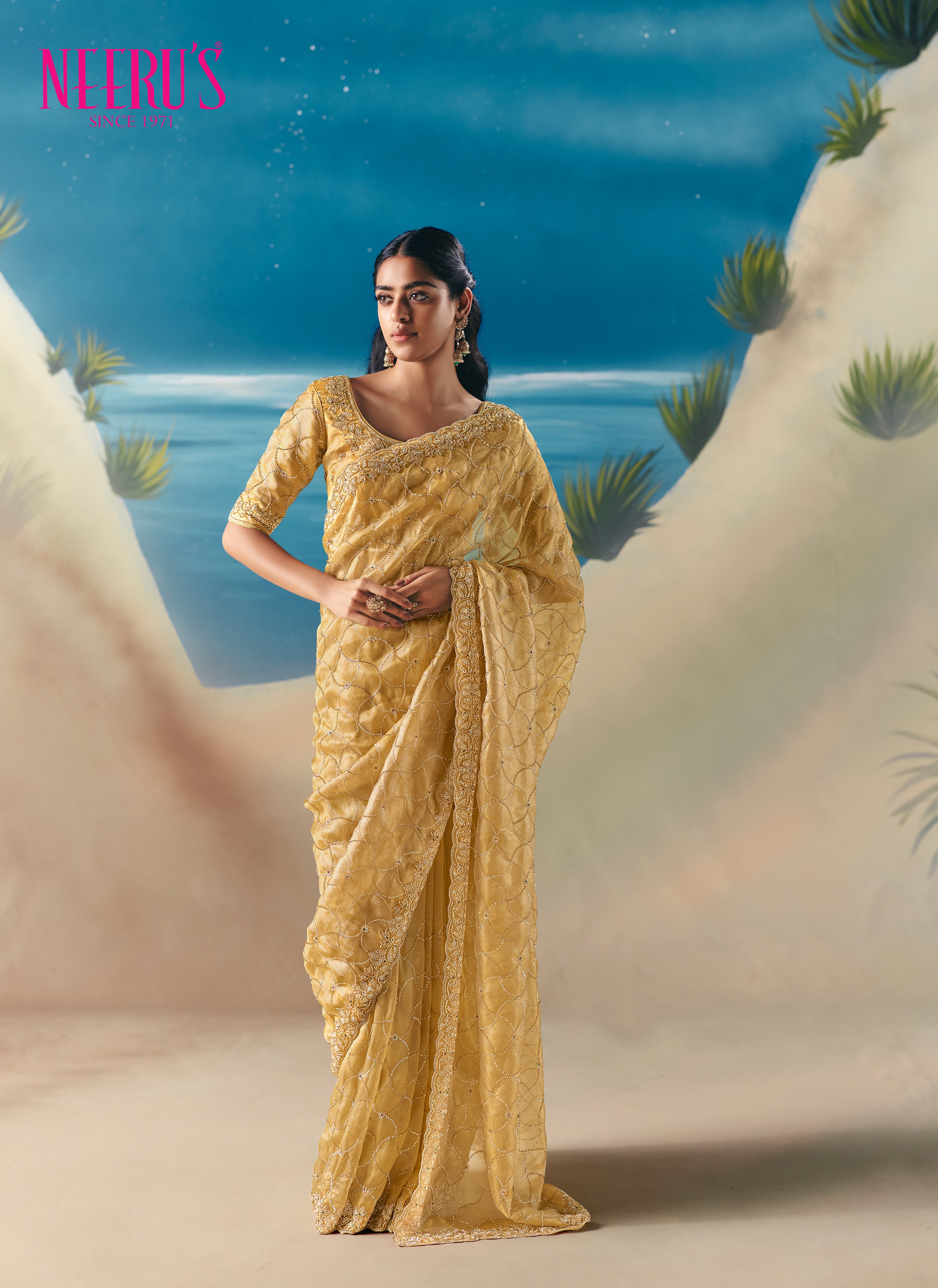 Yellow Tissue Saree With Heavy Hand Embroidery And Floral Stone Work ...