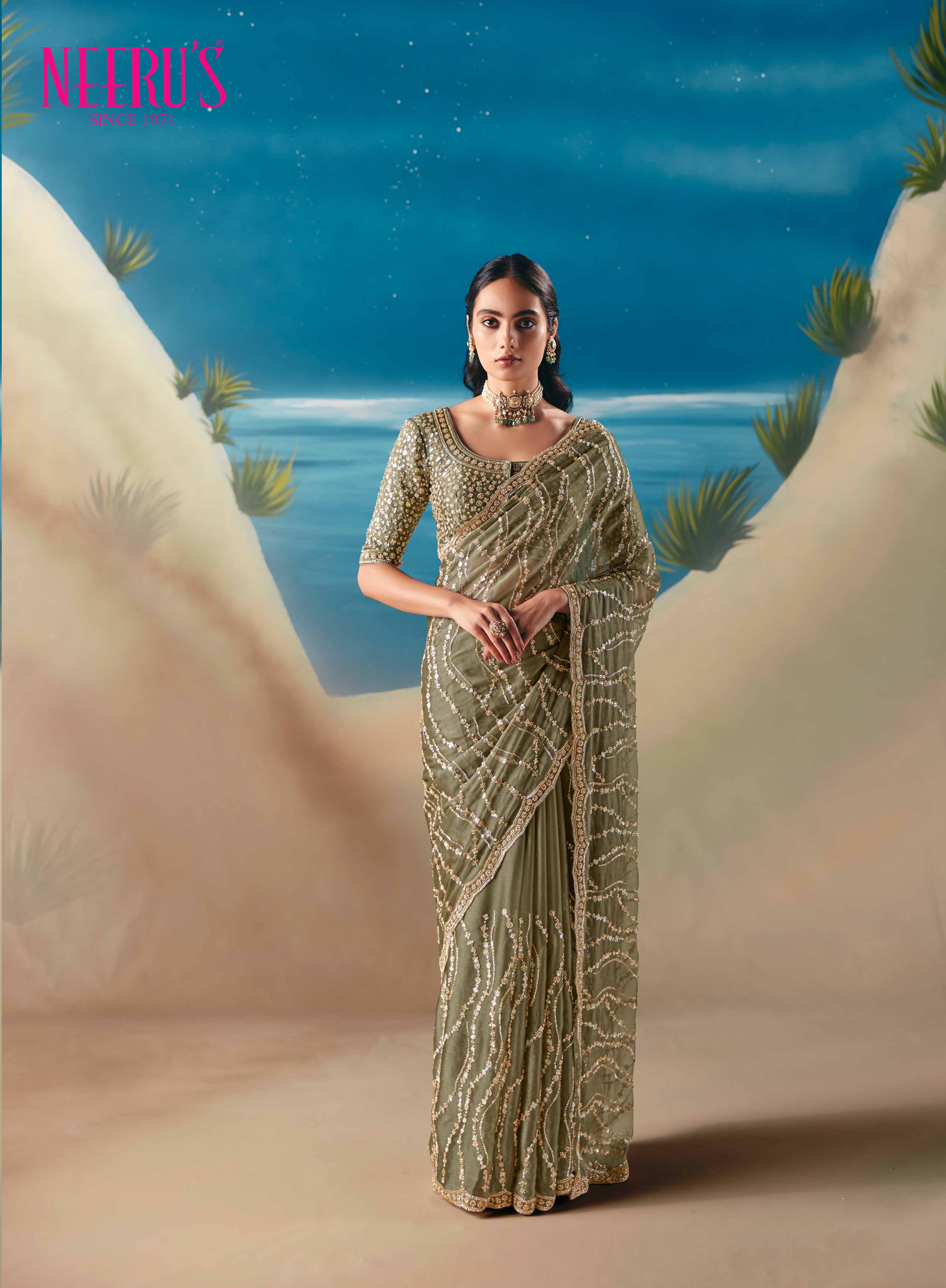 Mehadi Green Tissue Saree With Heavy Hand Embroidery Work – Neerus India