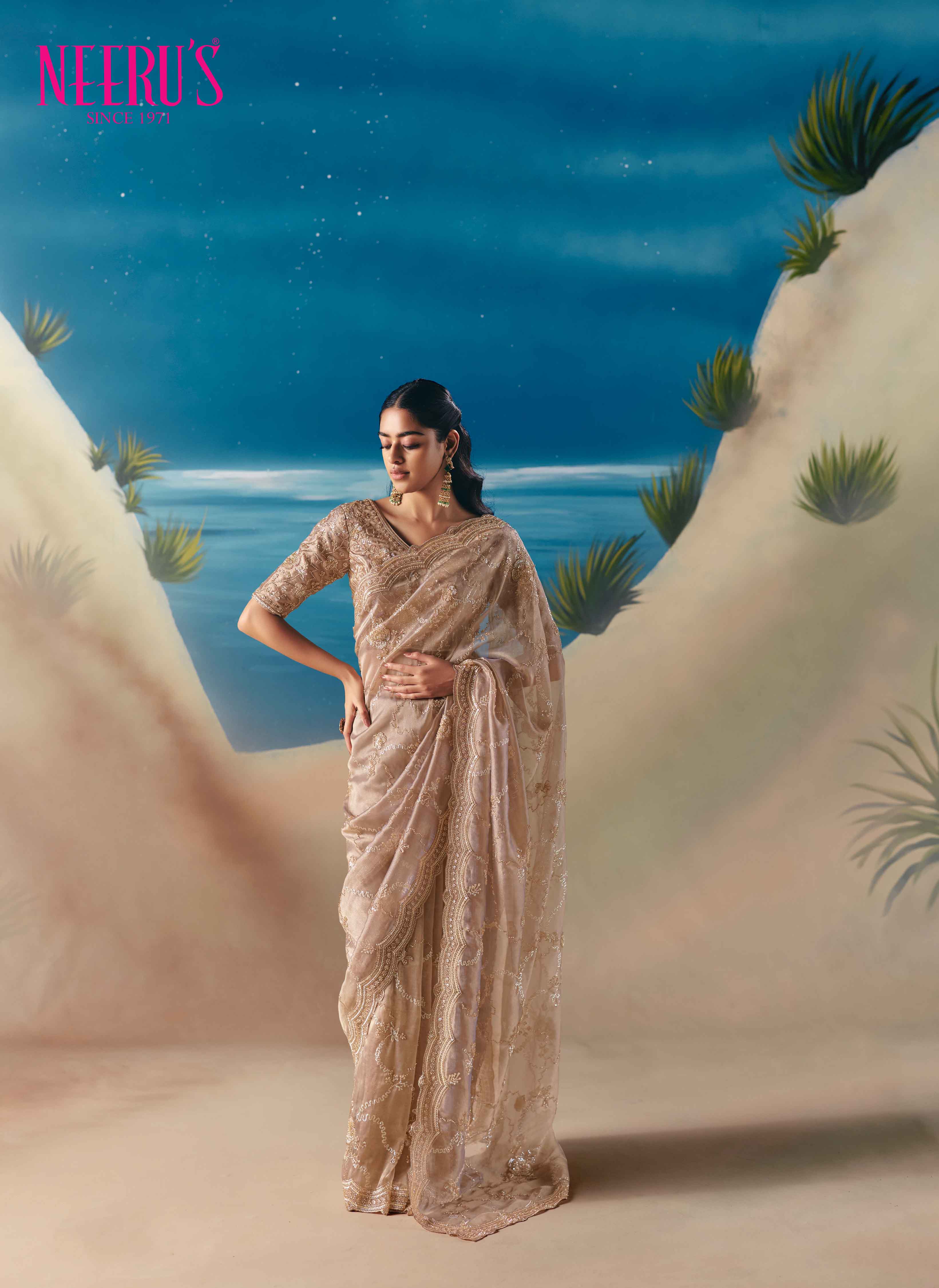 Gold Tissue Saree With Hand Embroidery And Floral Sequins Work – Neerus ...