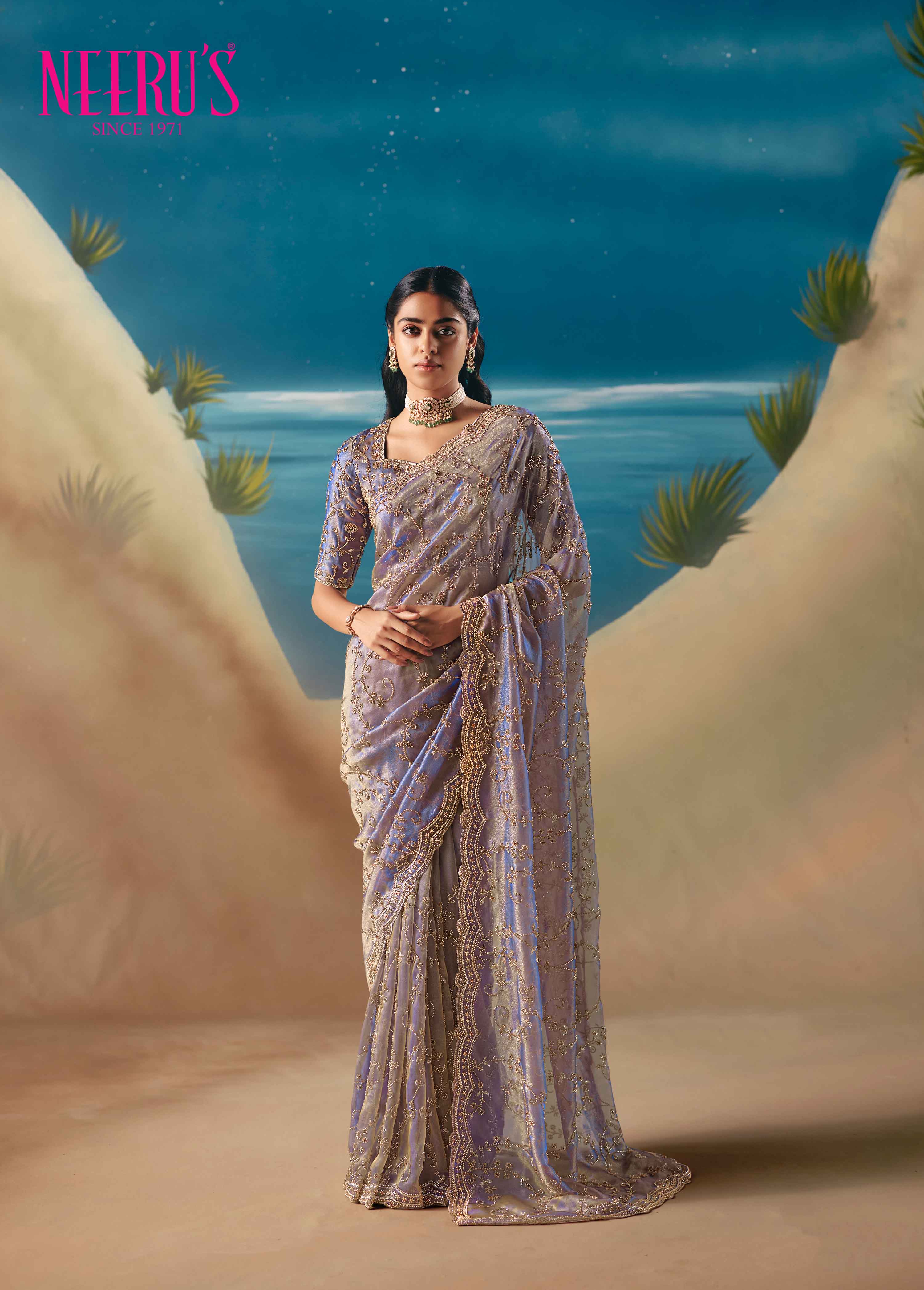 Lilac Tissue Saree With Heavy Hand Embroidery Work – Neerus India