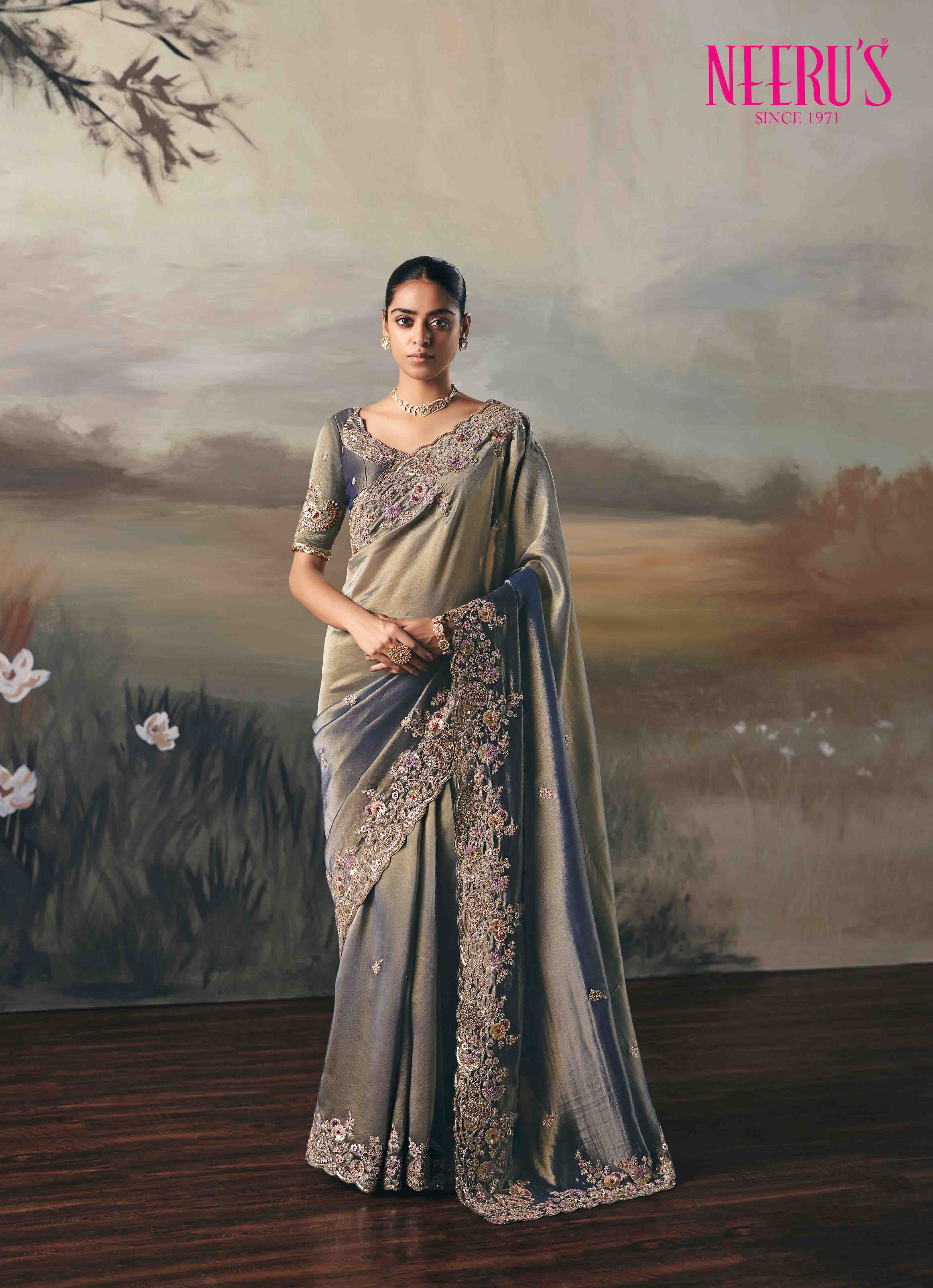 Blue Tissue Saree With Hand Embroidery Work – Neerus India