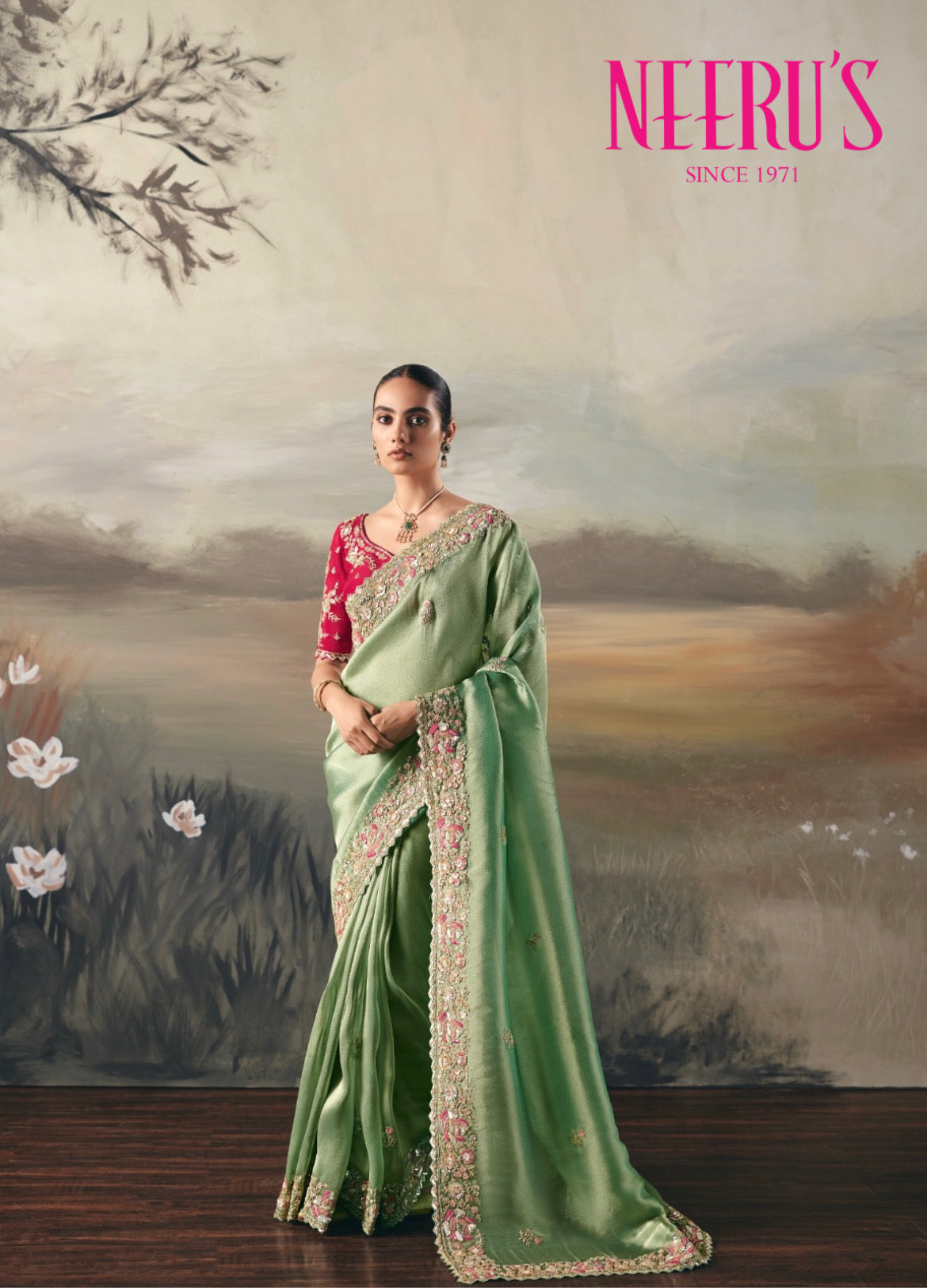 Green Tissue Saree With Sequins And Zari Work – Neerus India