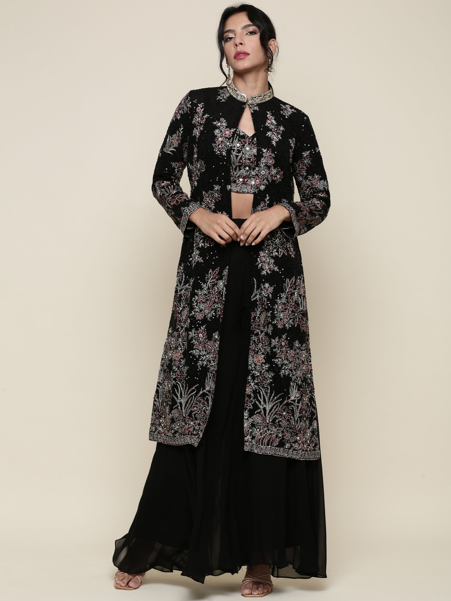 Neerus Black Ethnic Embroidered Georgette Straight Co-Ord Set - Crop ...