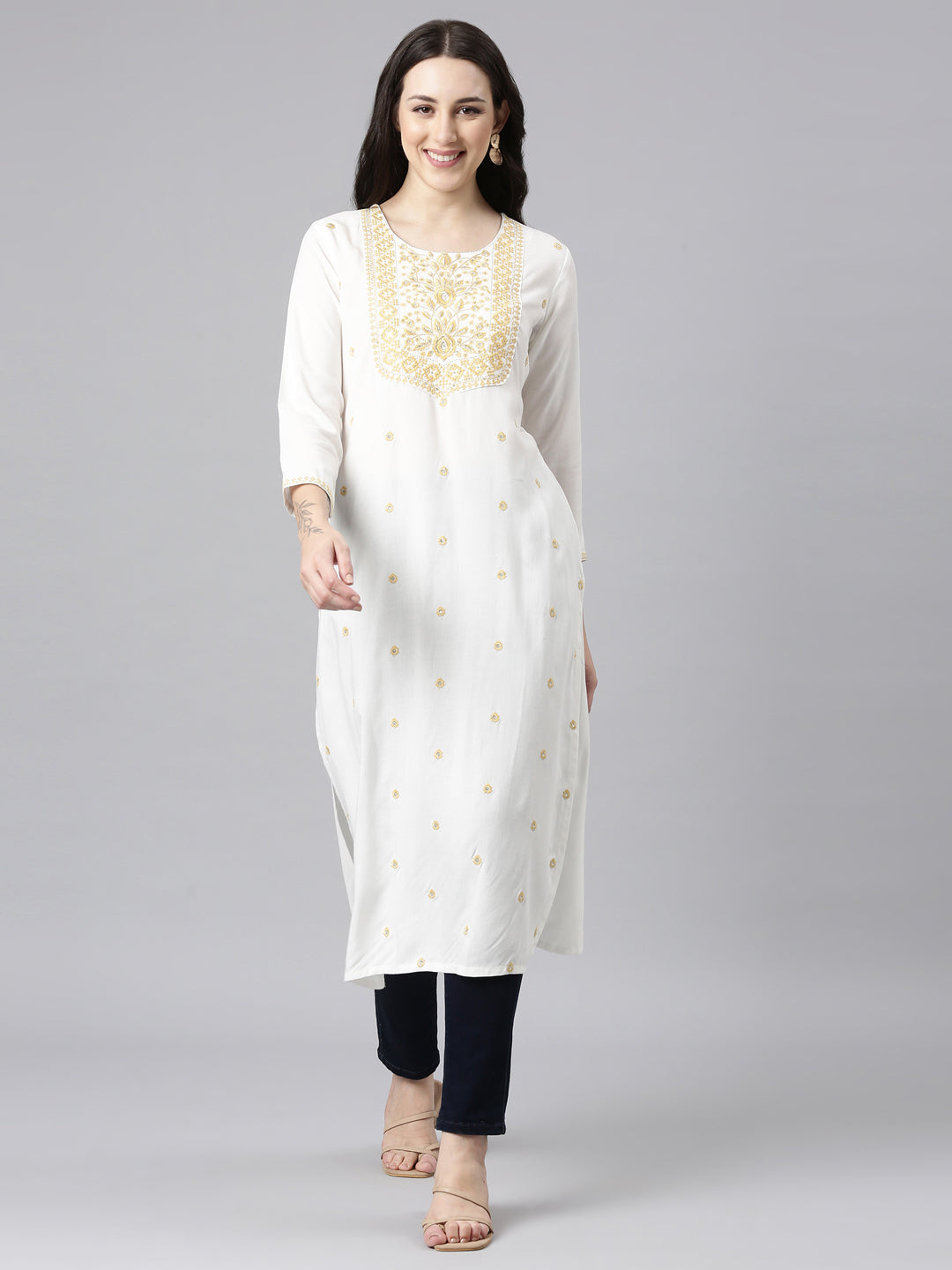 Neerus Yellow Solid Embellished Rayon Straight Kurta for Casual Women ...