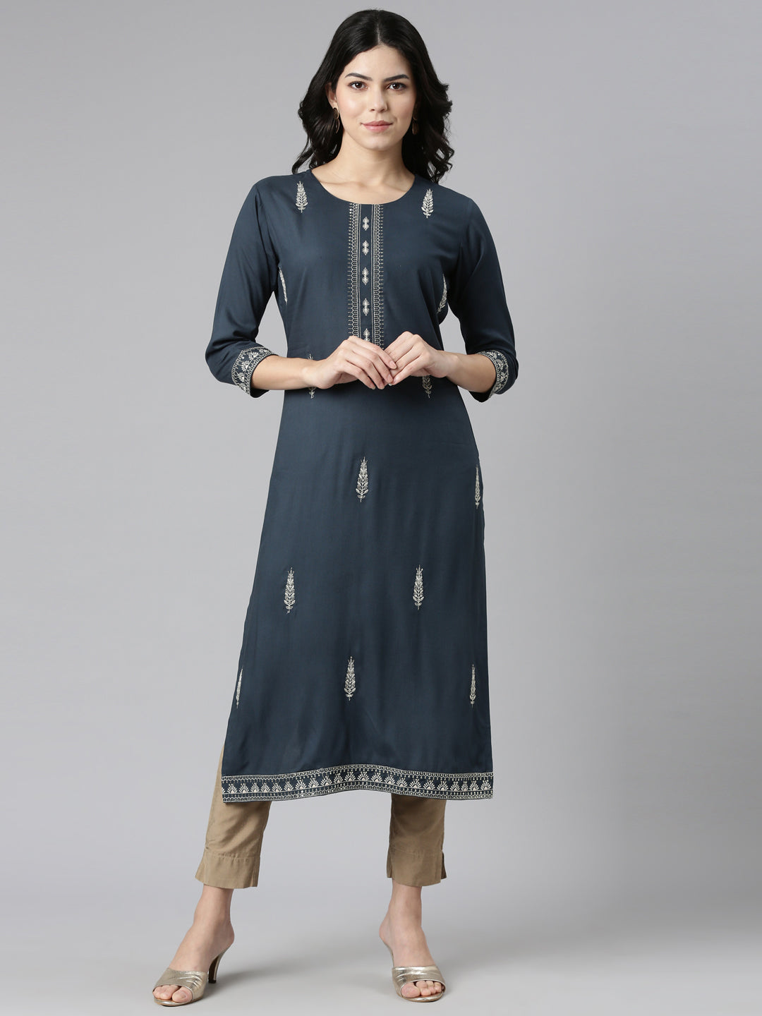 Neerus Blue Regular Straight Embroidered Kurta – Neerus India
