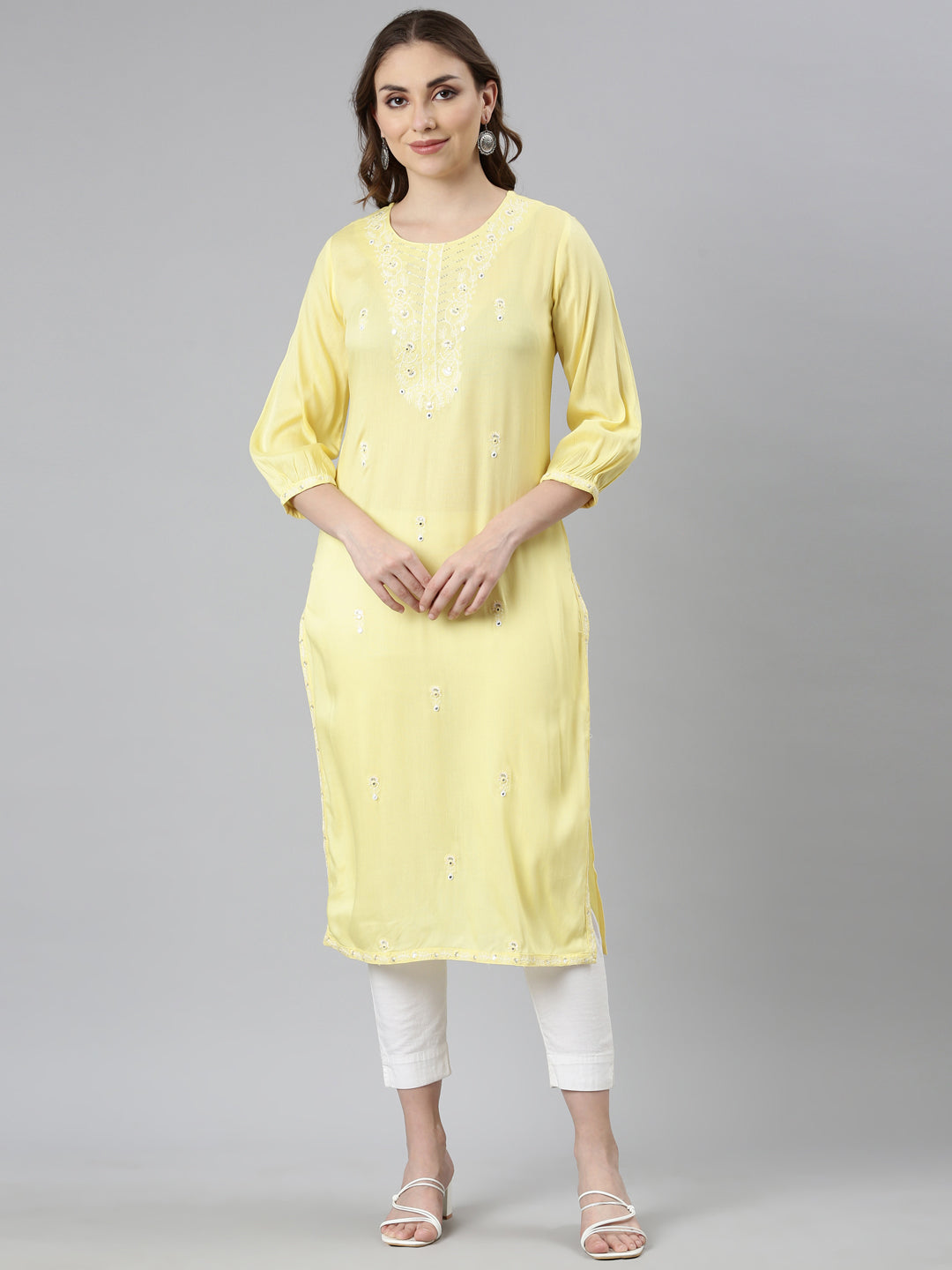 Neerus Yellow Regular Straight Floral Kurtas – Neerus India