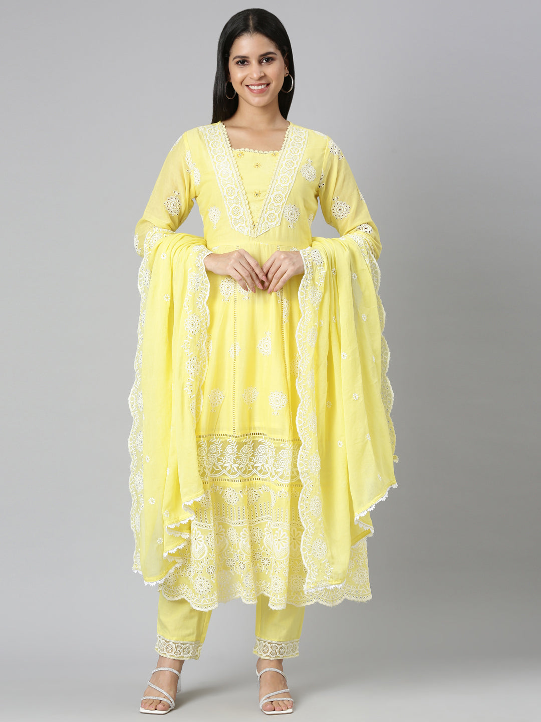 Neerus Yellow Panelled Scalloped Kurta and Trousers With Dupatta ...
