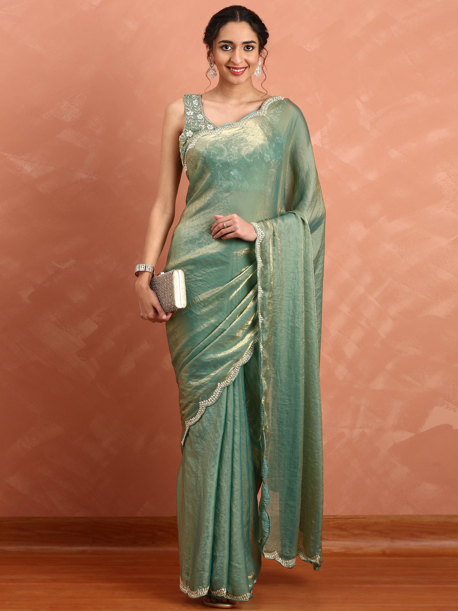 Green & gold Jimmy tissue saree with hand embroidery with ready made b ...