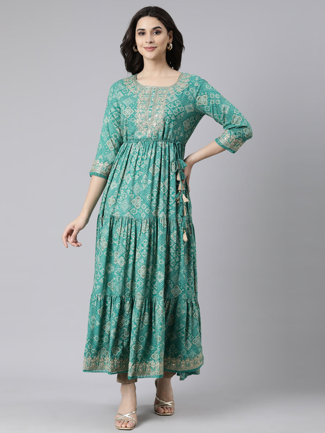 Neerus Green Flared Casual Floral Fit and Flare Dresses – Neerus India