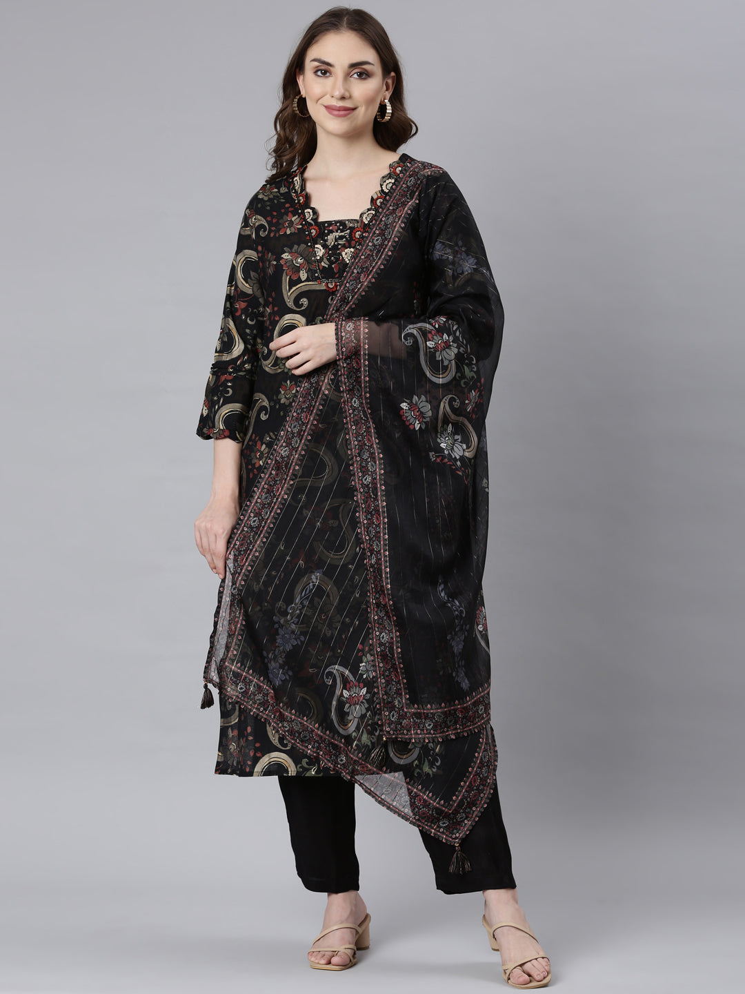 Neerus Black Panelled Straight Floral Readymade Suits – Neerus India