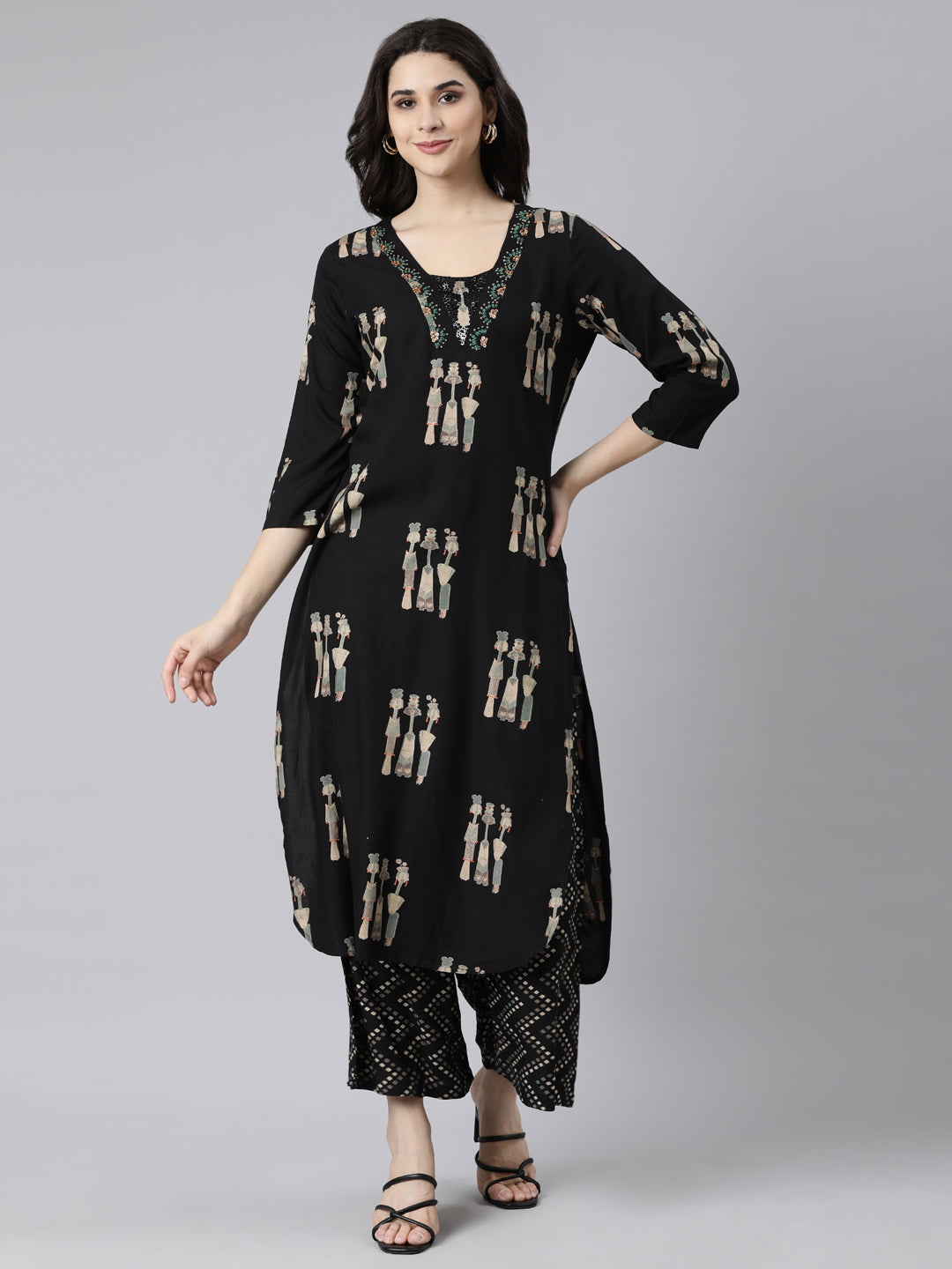 Neerus Black Regular Straight Quirky Kurta And Trousers – Neerus India