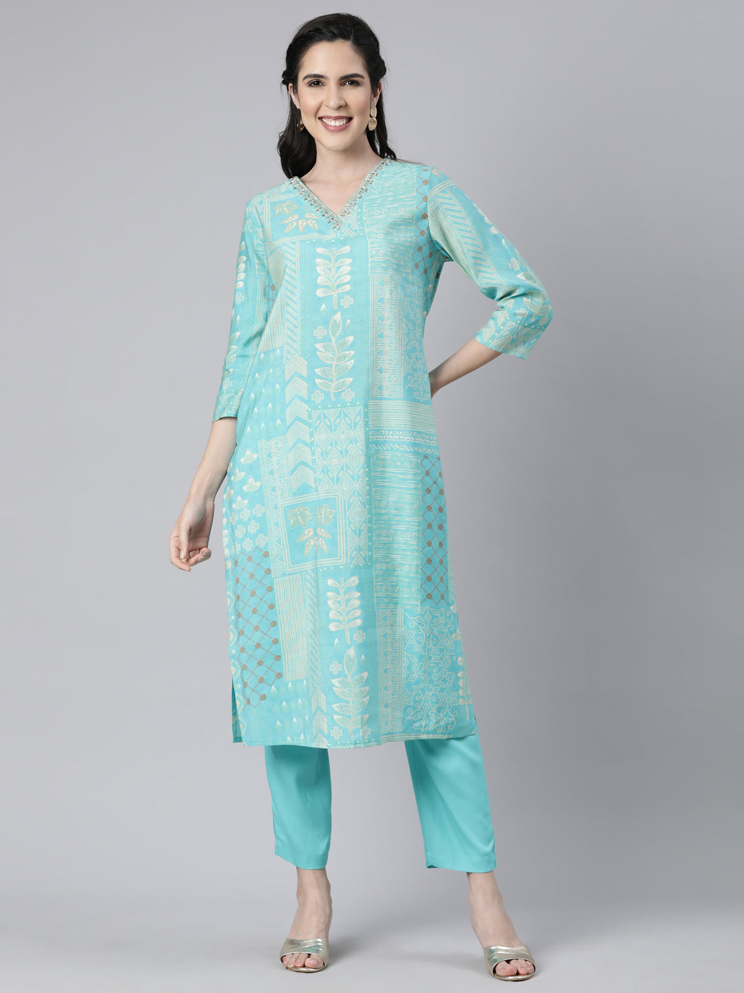 Neerus Sea Green Panelled Straight Bandhani Readymade suits – Neerus India